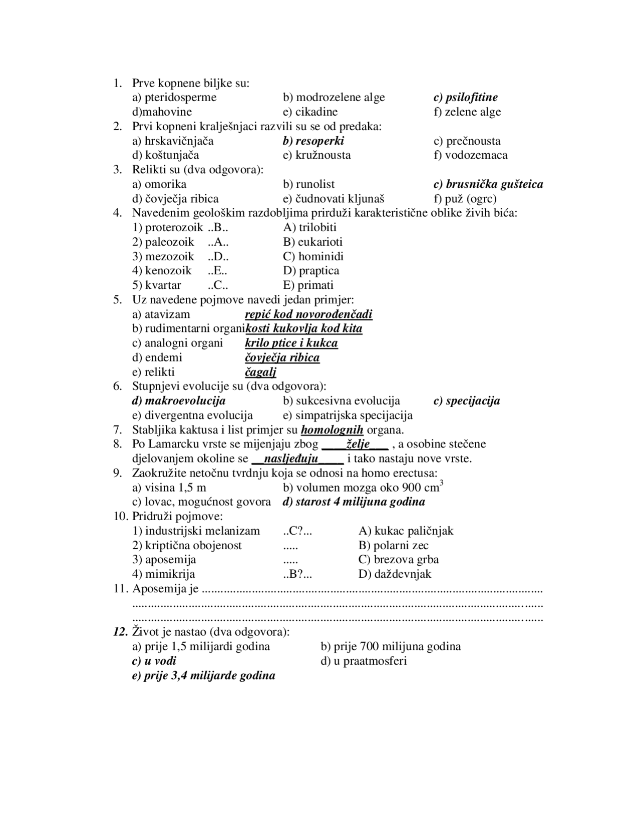 Kontrolni Biologija Gimnazija Beleške Predlog Biologija Docsity