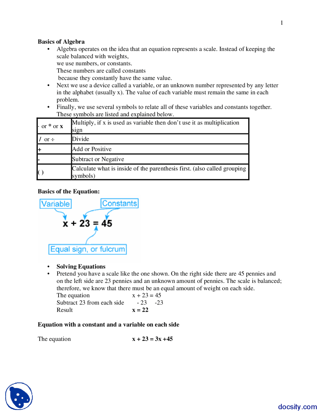 Basics of Algebra - Introduction to College Chemistry - Lecture Notes ...