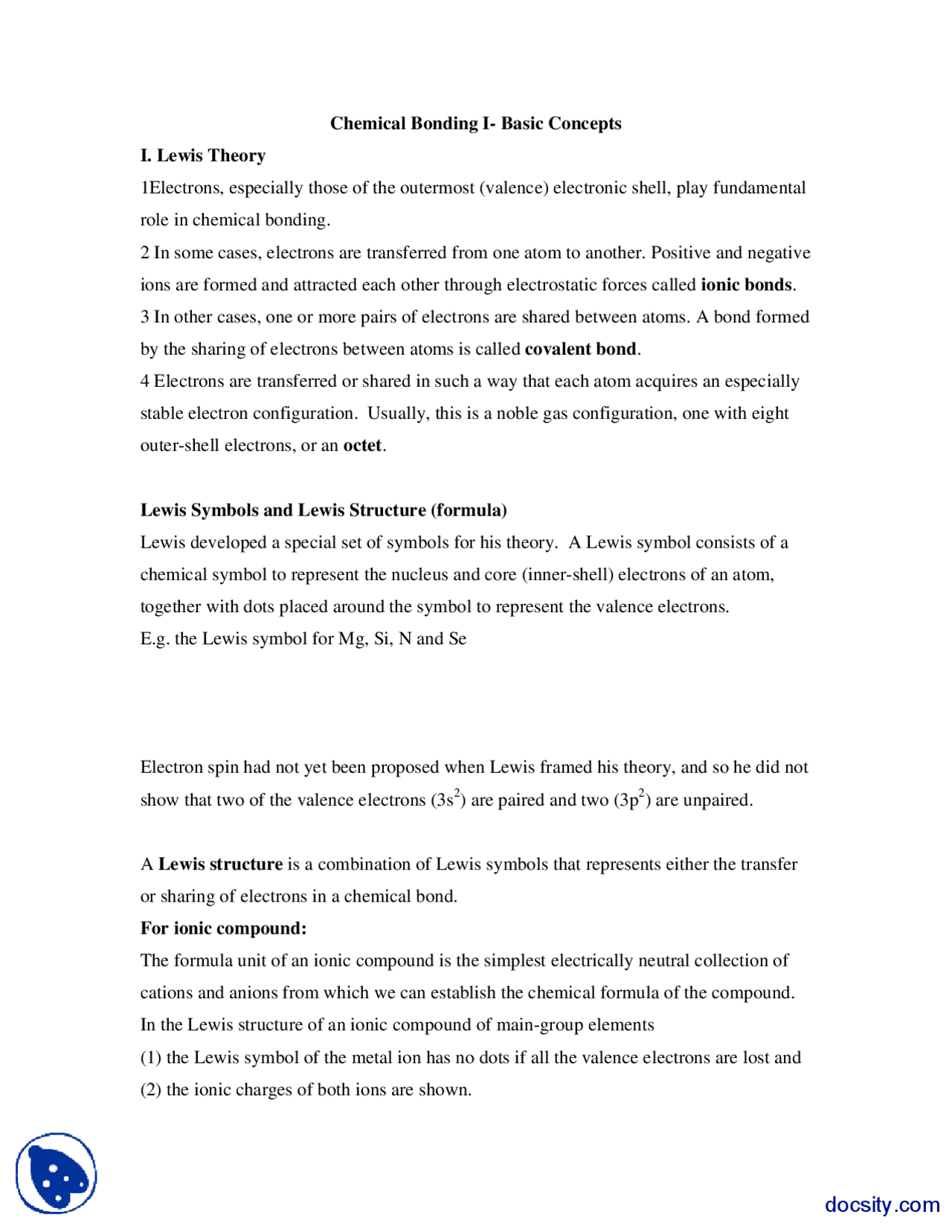 Chemical Bonding - Chemistry - Lecture Notes - Docsity