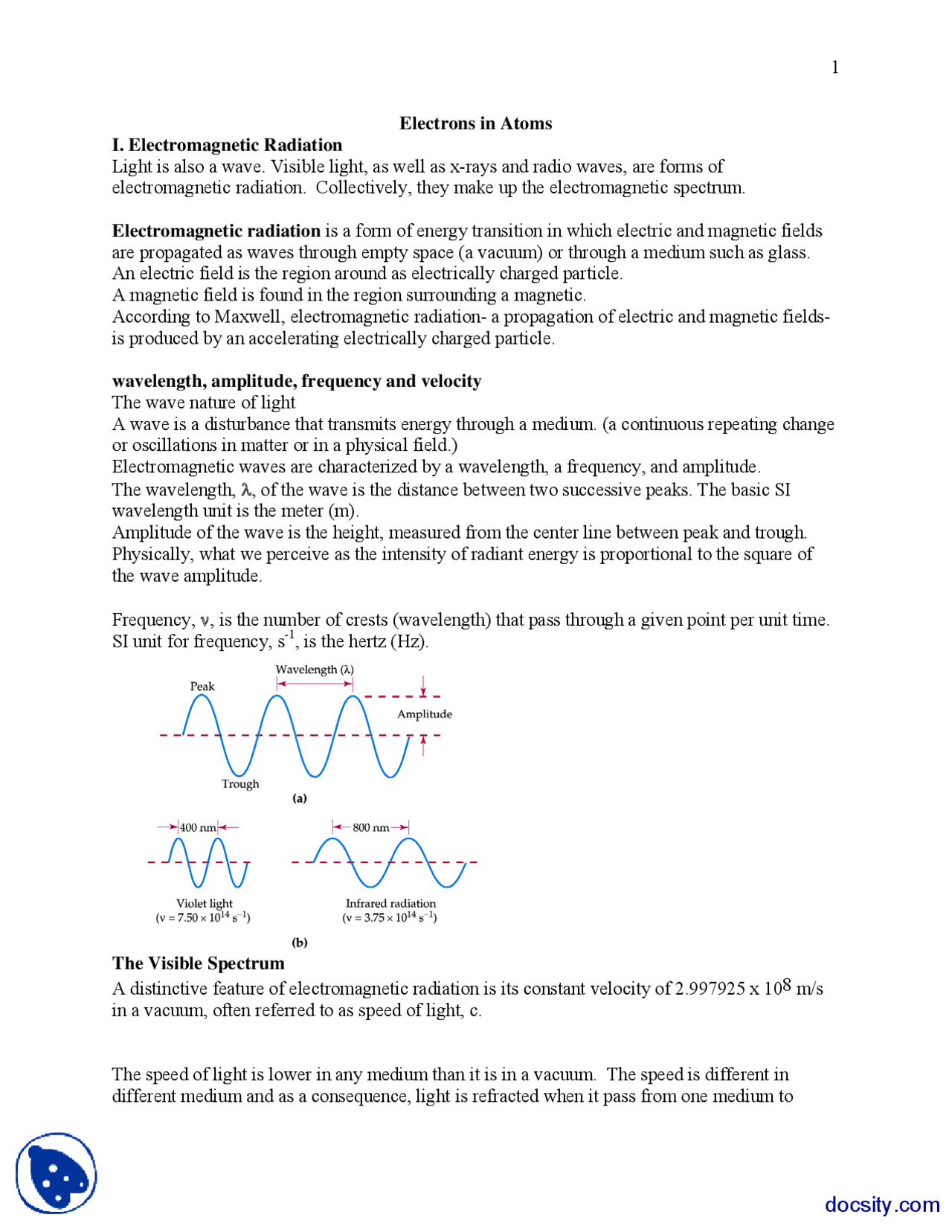 Electrons in Atoms - Chemistry - Lecture Notes - Docsity