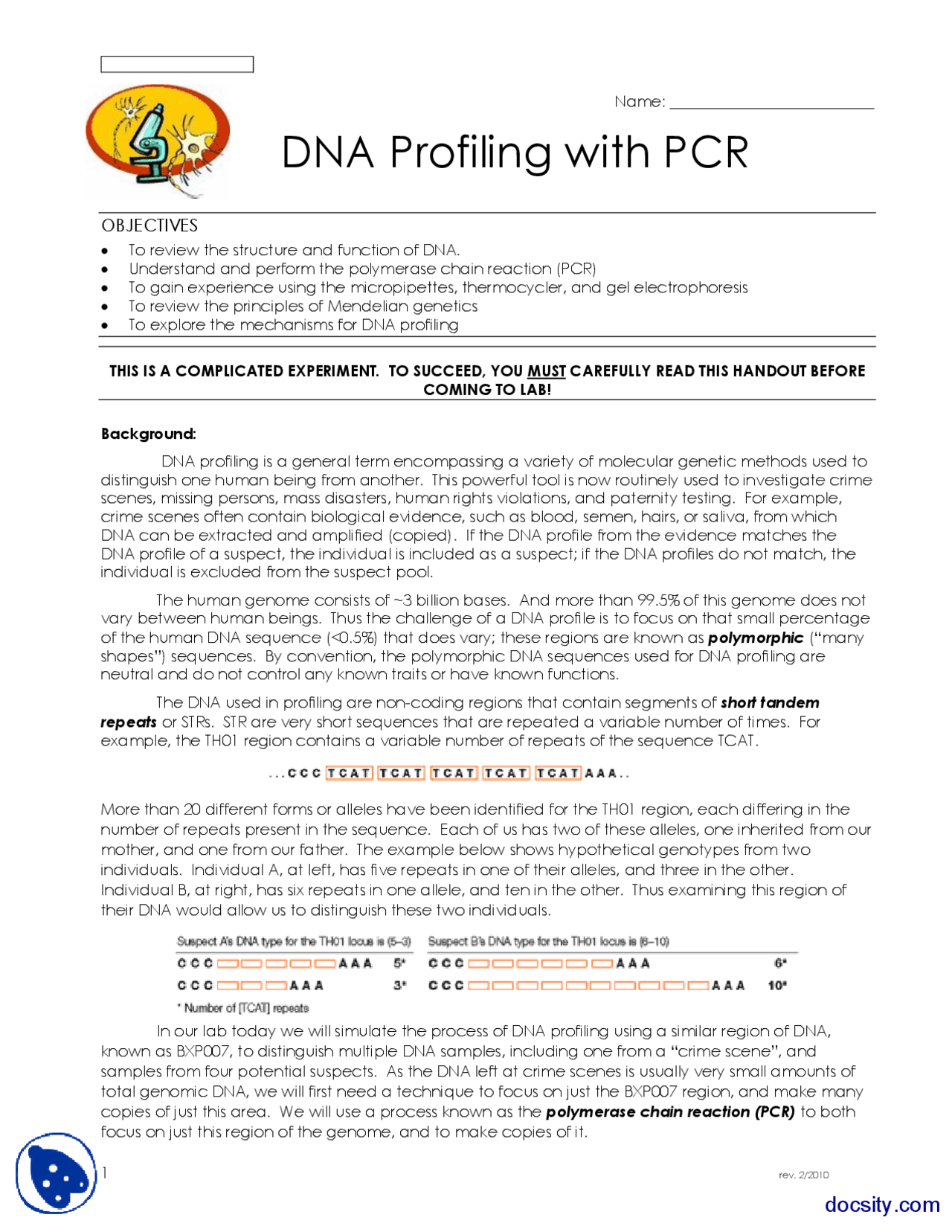 DNA Fingerprinting - Biology - Lab Handout | Exercises Biology | Docsity