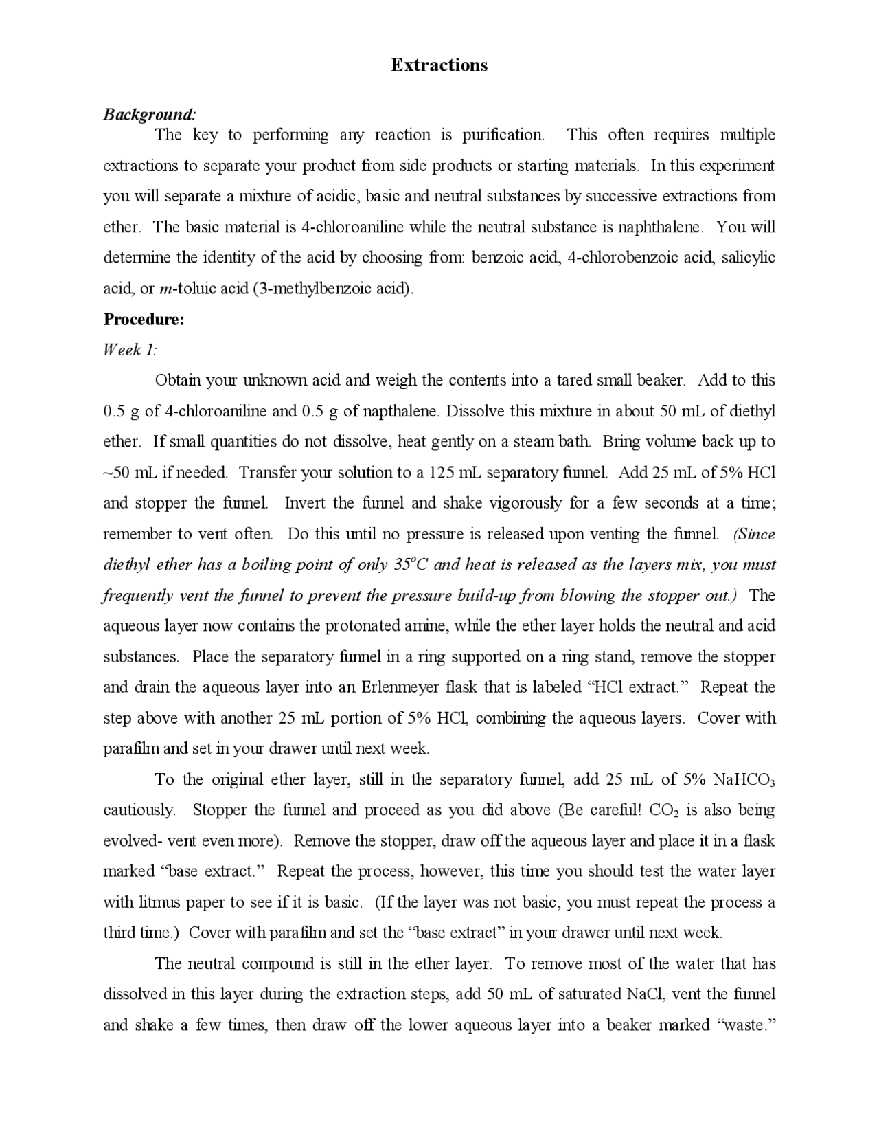 Lecture Notes On Extractions Organic Chemistry Lab Ii Chm 333 Docsity