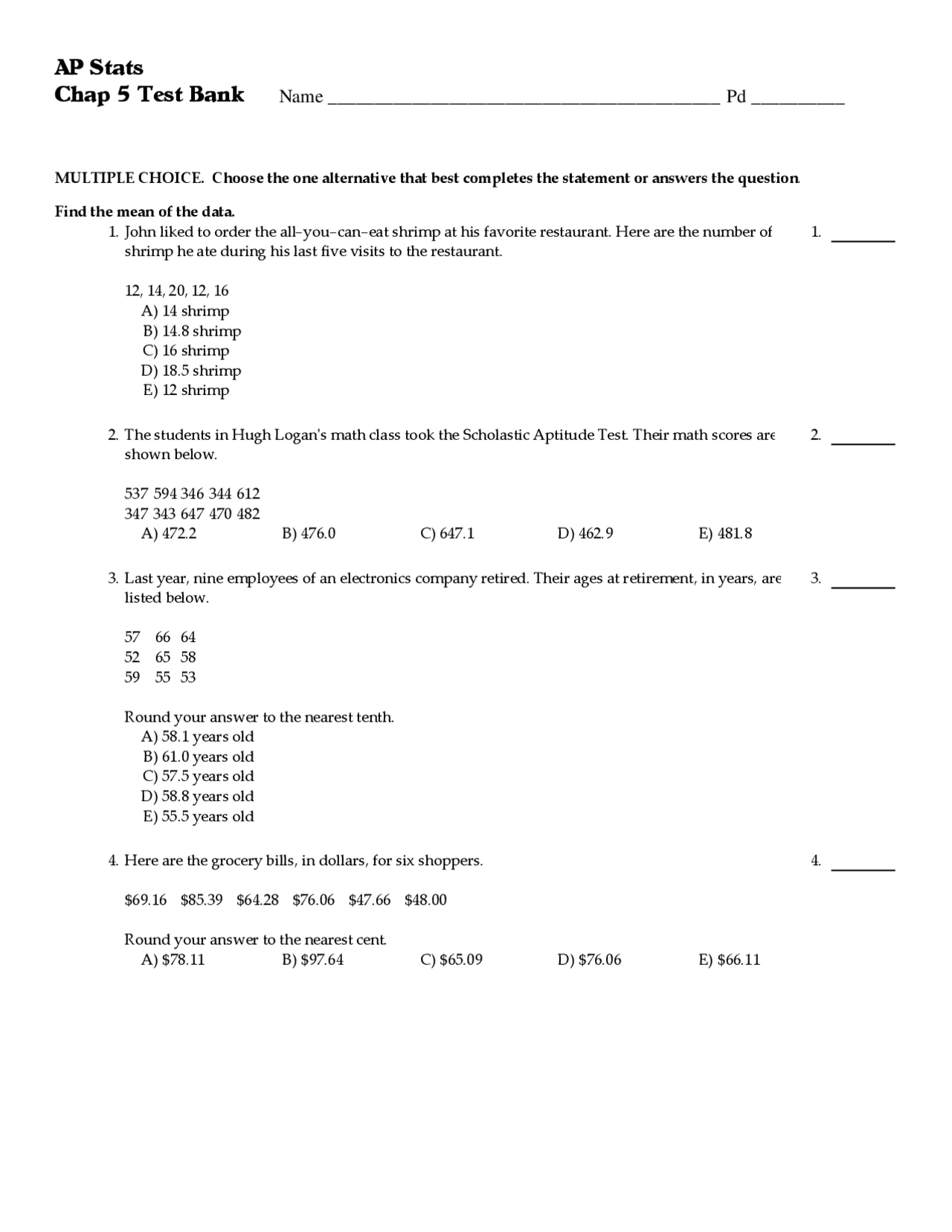 Find the Mean of Data in Test Bank | MATH 2300 - Docsity