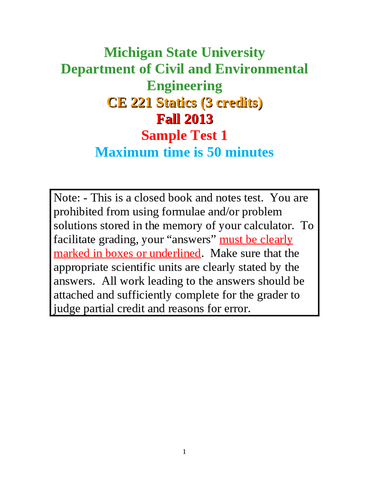 Sample Solved Questions For Exam 1 Statics Ce 221 Docsity