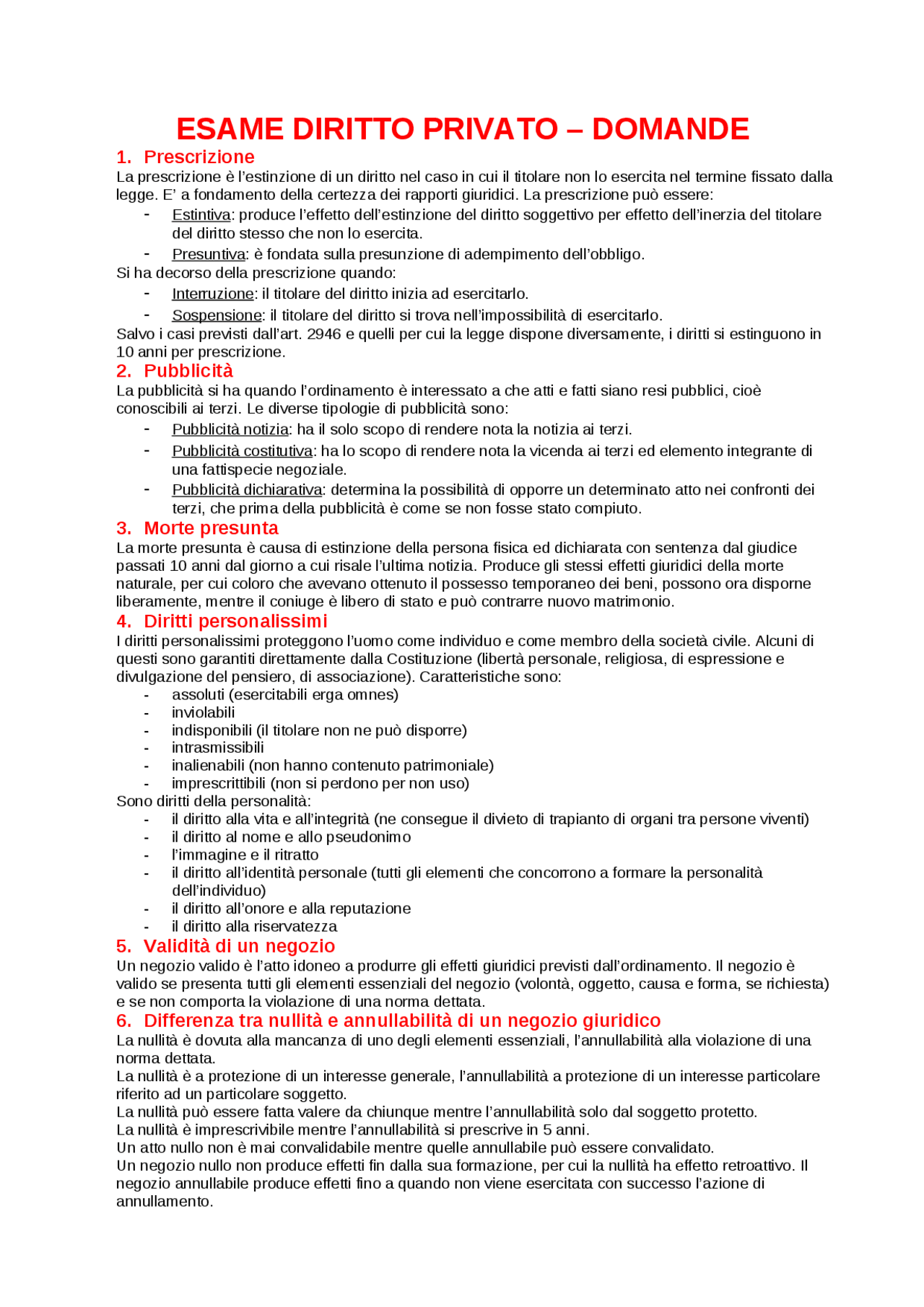 Domande Esame Diritto Privato con risposte | Prove d'esame di Diritto Privato | Docsity