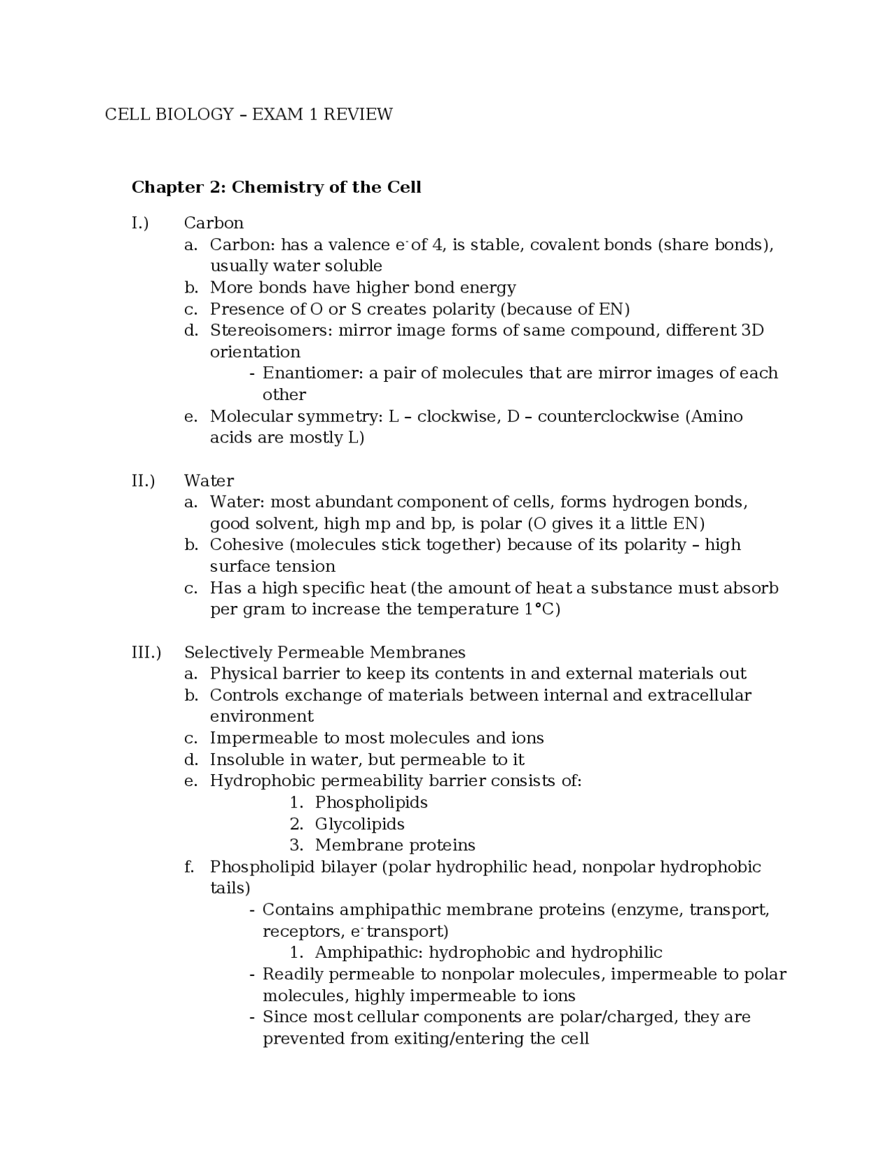 Chemistry of the Cell - Exam 1 Study Guide | BIOL 2533 - Docsity