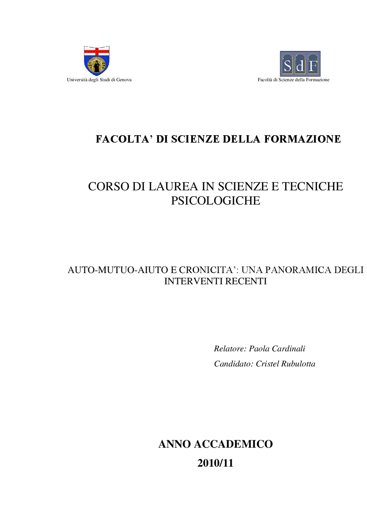Tesi Di Laurea In Scienze E Tecniche Psicologiche Docsity