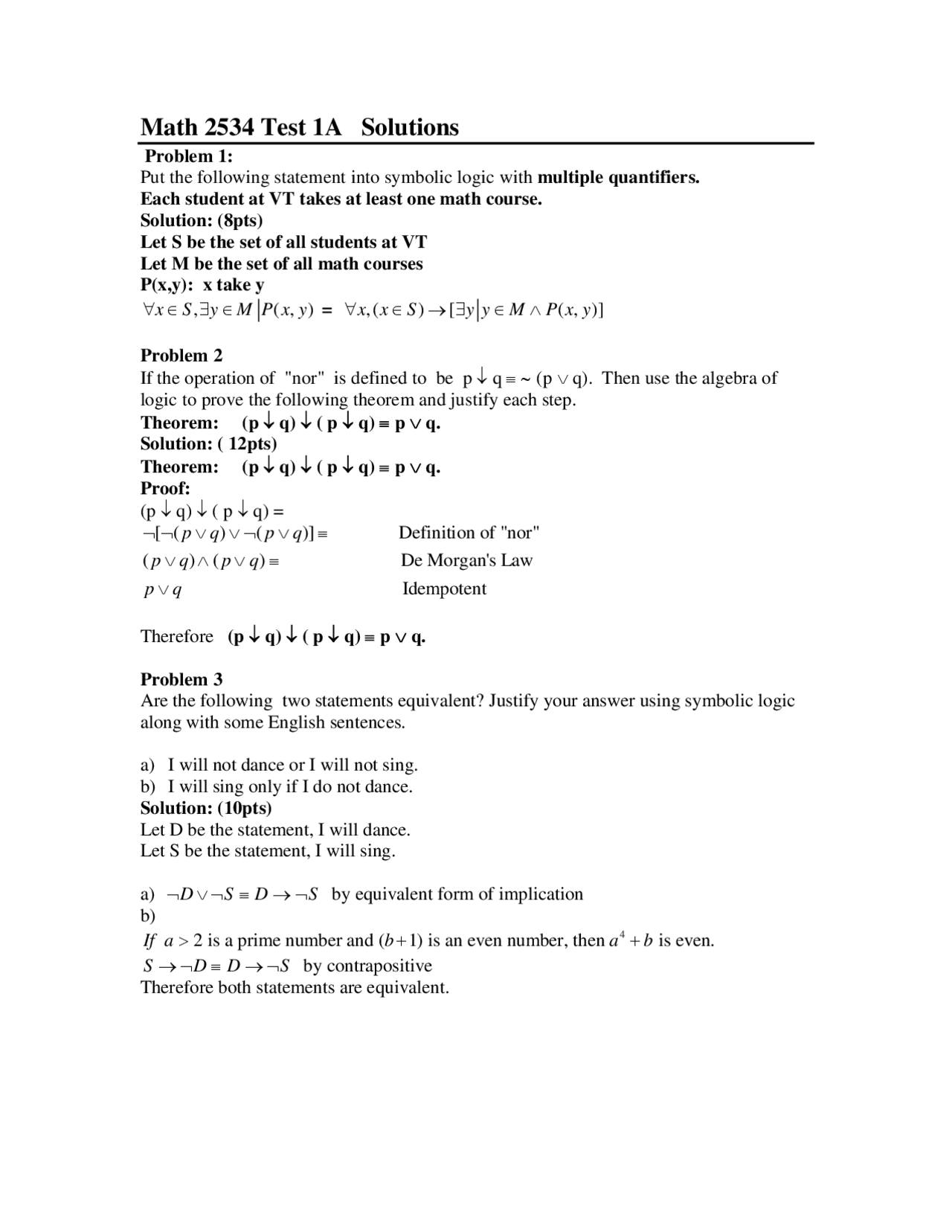 Past Test 1a With Resolution On Introduction To Discrete Mathematics Math 2534 Docsity