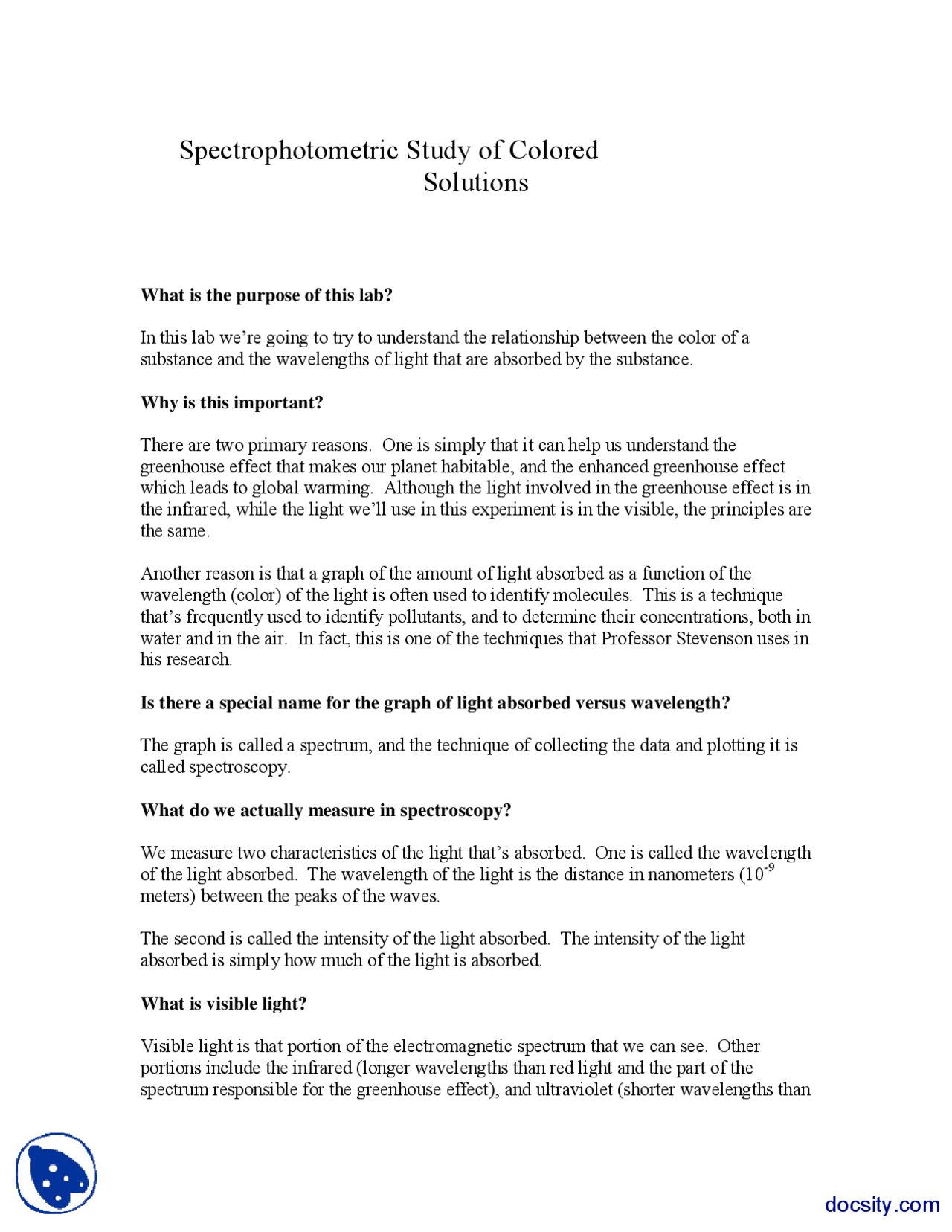 Spectrophotometric Pollutants In The Environment Lab Manual Docsity