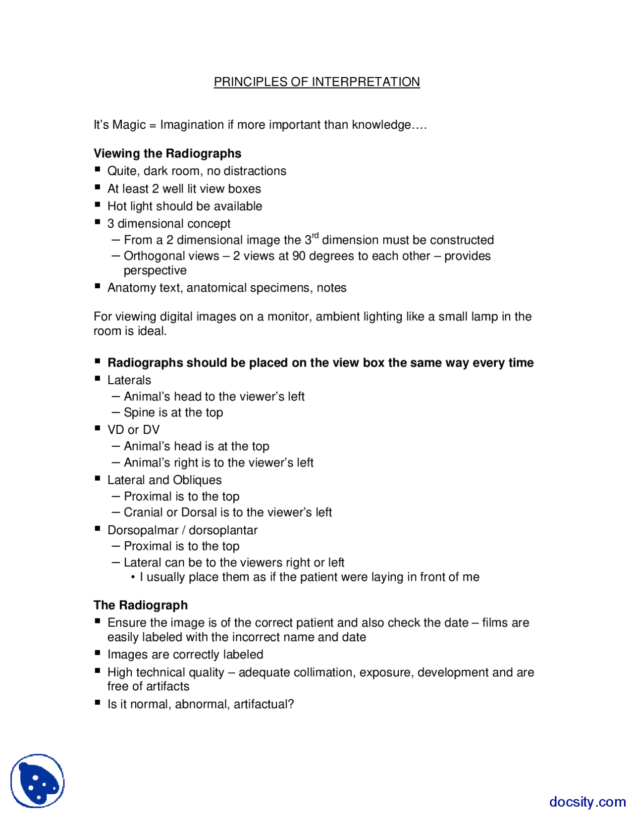 Principles of Interpretation - Radiology - Lecture Notes - Docsity