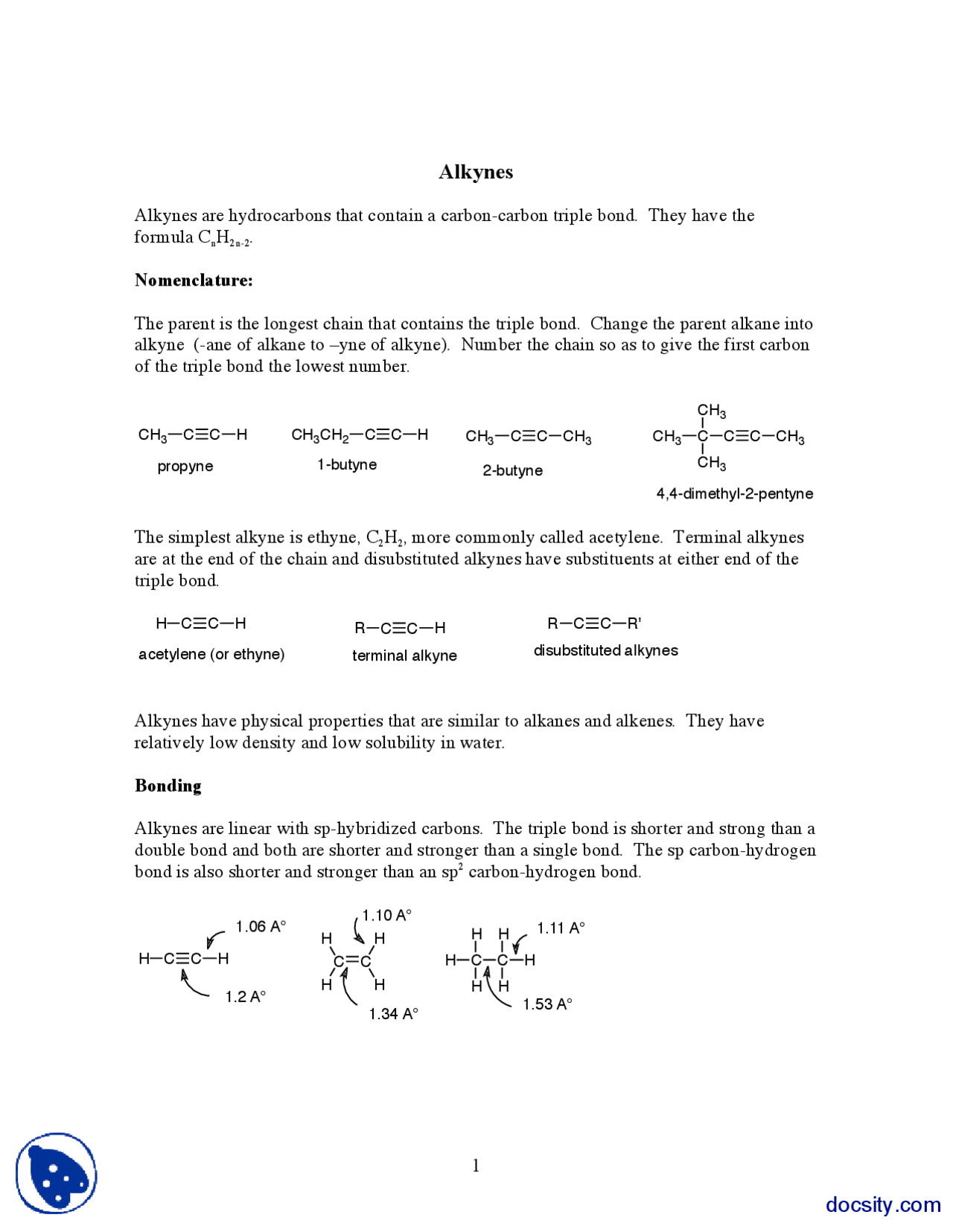 Alkynes Organic Chemistry Lecture Notes Docsity