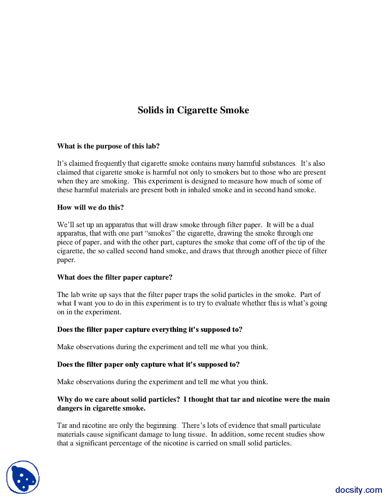 Solids In Cigarette Smoke Pollutants In The Environment Lab Manual