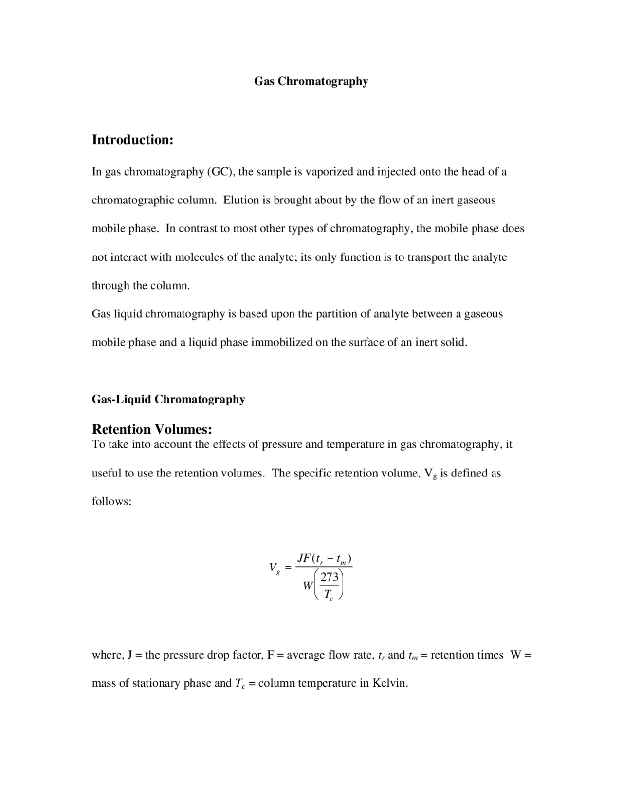Gas Chromatography Instrumental Chemistry Handout Docsity