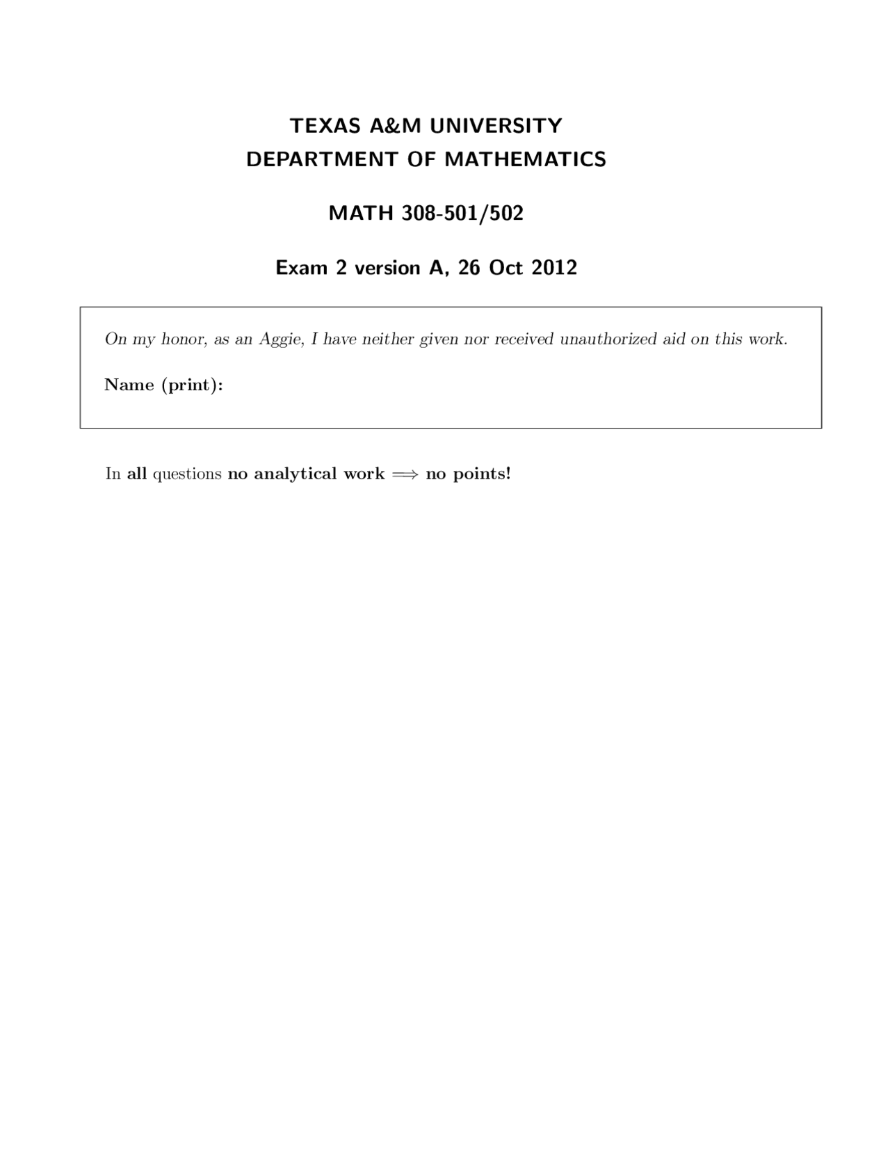 Exam 2a With Questions Honors Differential Equations Math 308 Docsity
