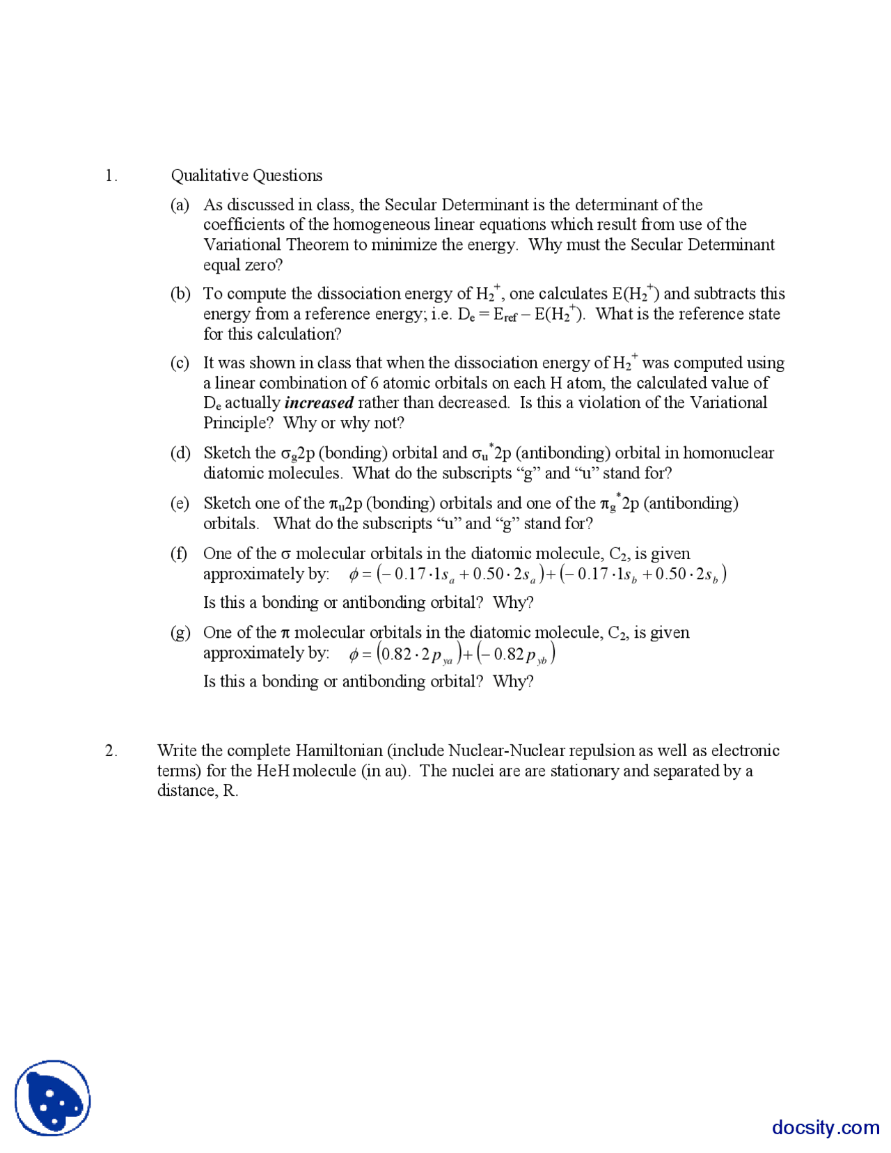 Diatomic Molecules Advanced Physical Chemistry Homework Docsity