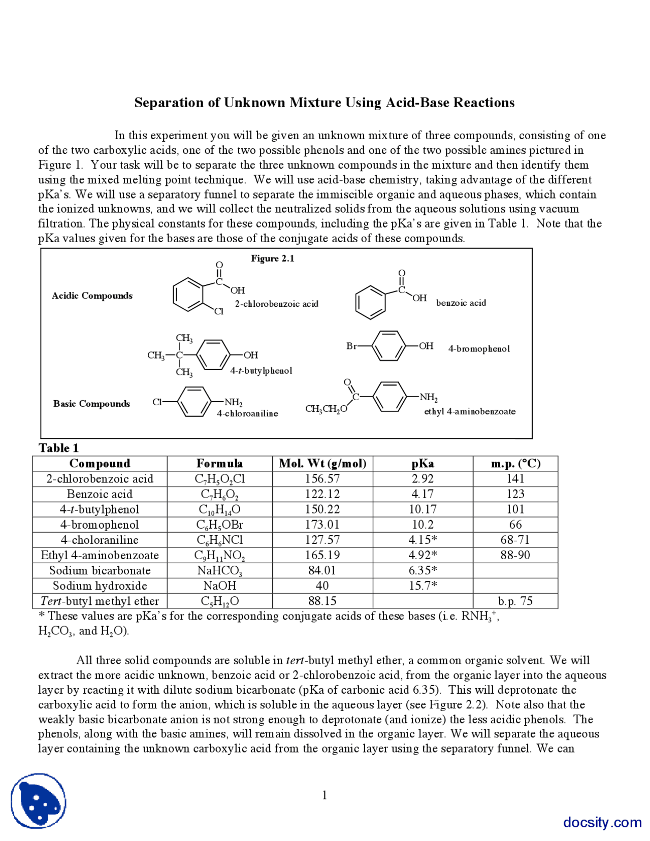 Acid-Base Reactions - Organic Chemistry - Lab Manual - Docsity