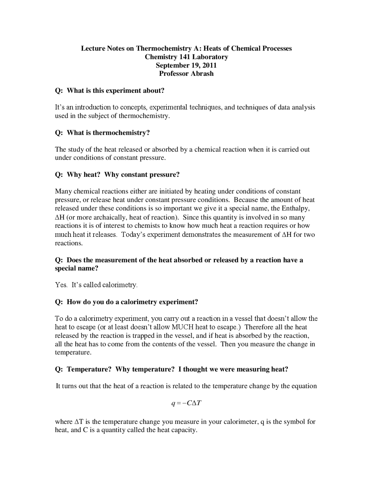 Thermochemistry - General Chemistry - Lab Handout | Exercises Chemistry ...