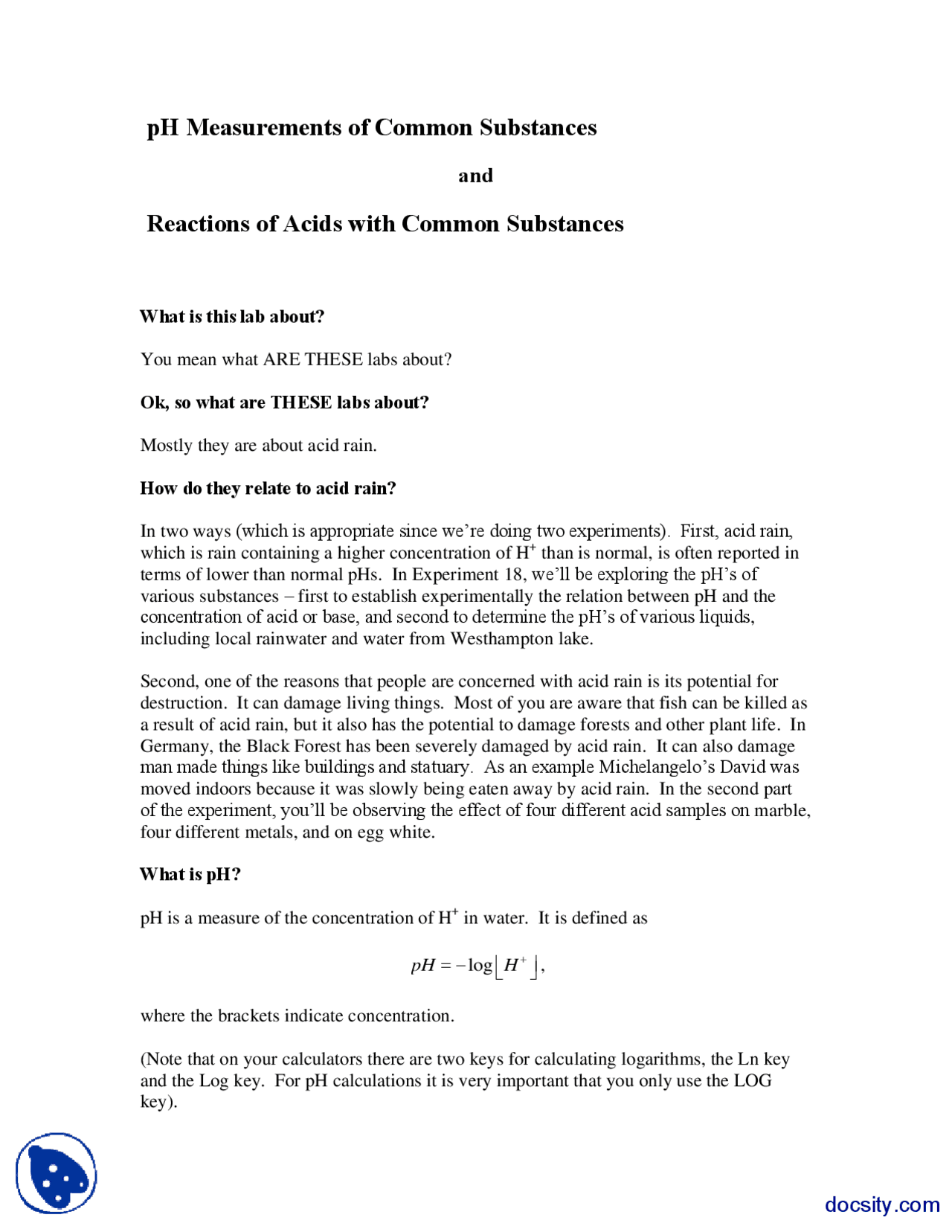 Reactions Of Acids Pollutants In The Environment Lab Manual Docsity