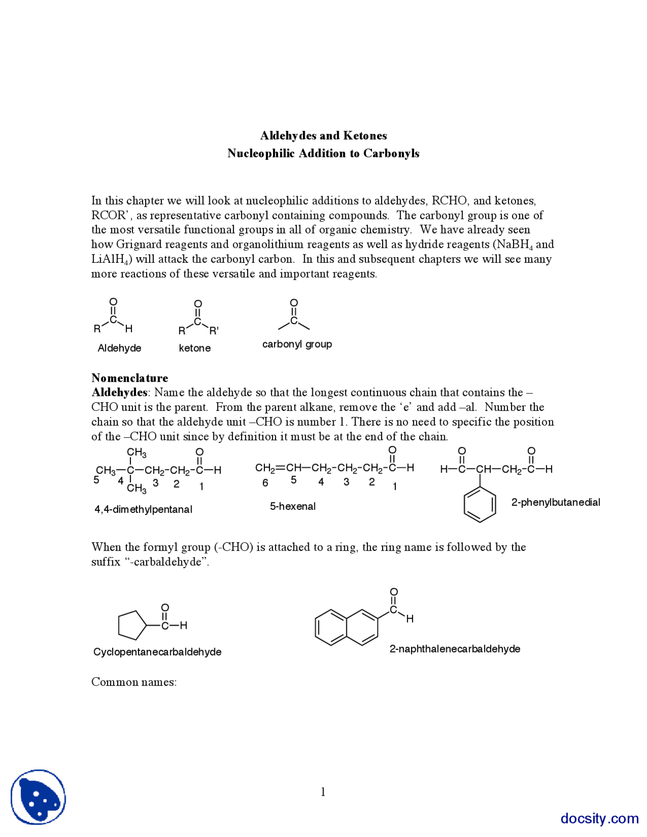 Aldehydes and Ketones - Organic Chemistry - Lecture Notes - Docsity