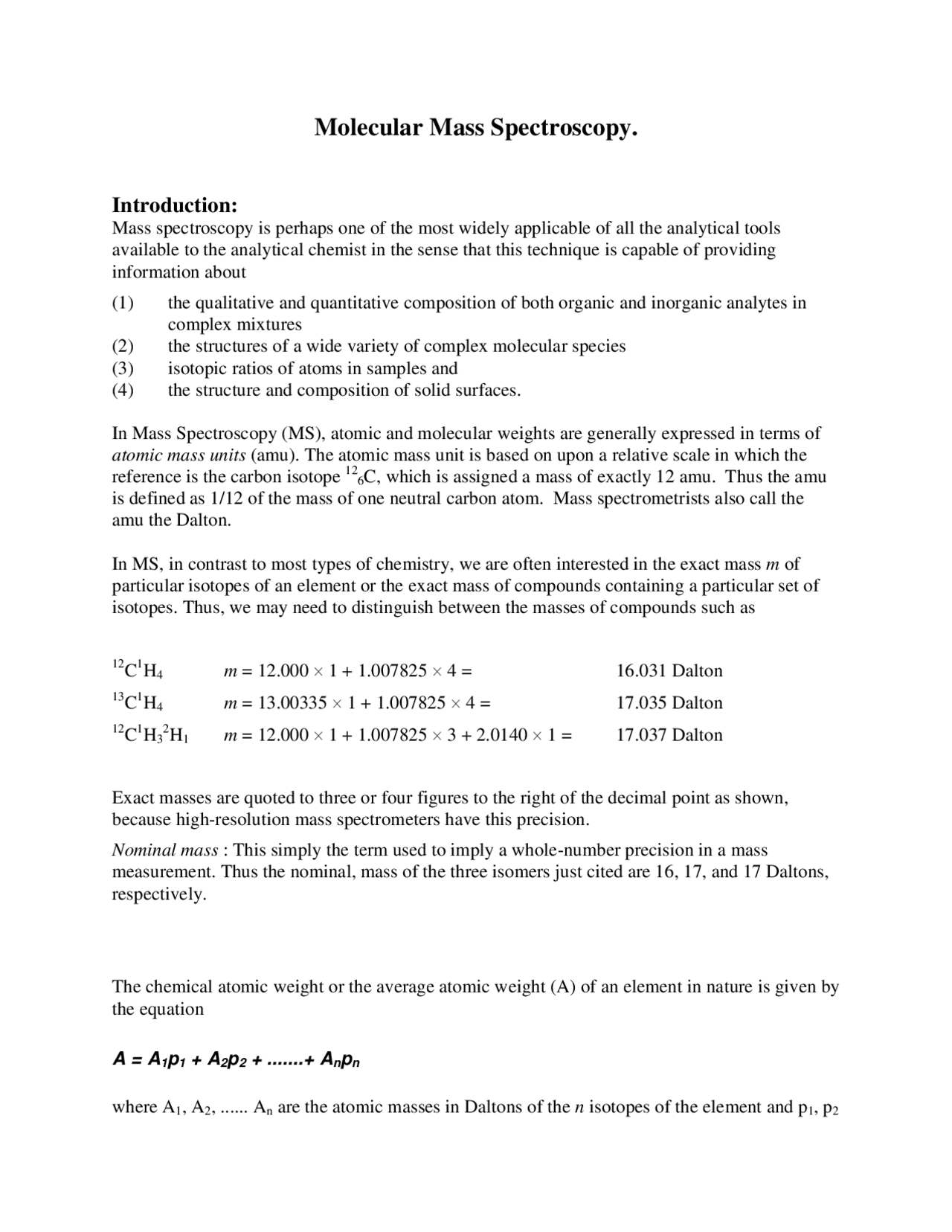 Molecular Mass Spectroscopy - Instrumental Chemistry - Handout ...