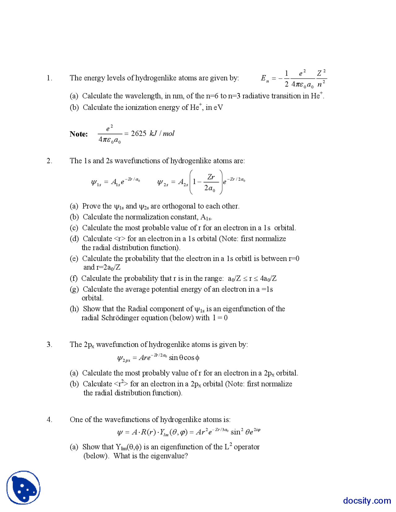 The Hydrogen Atom Advanced Physical Chemistry Homework Docsity