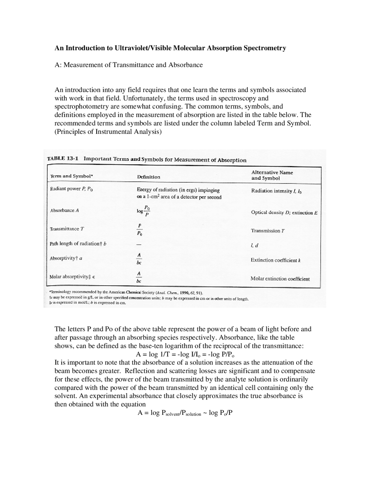 Introduction To Ultraviolet Instrumental Chemistry Handout Docsity