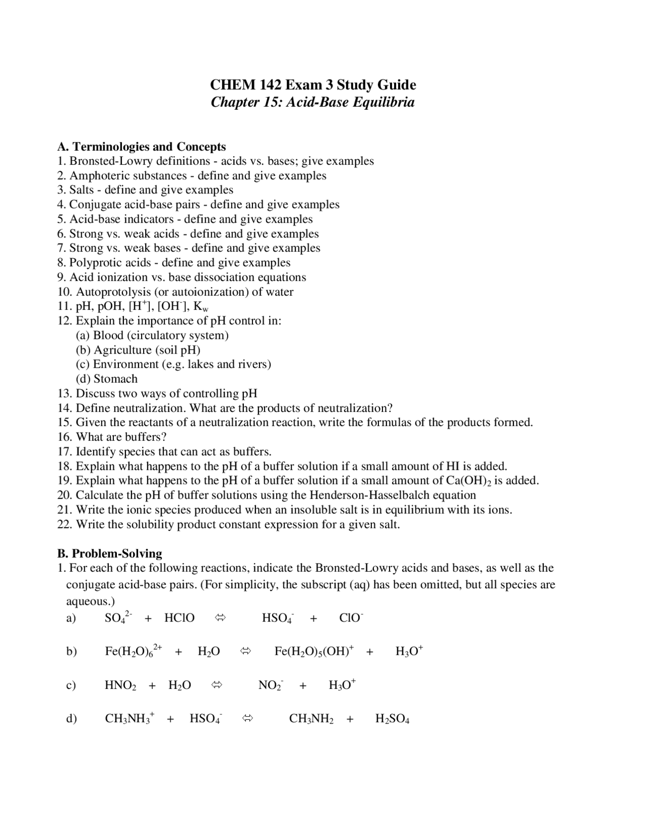 Acid-Base Equilibria - Chemical Principles II - Handout - Docsity