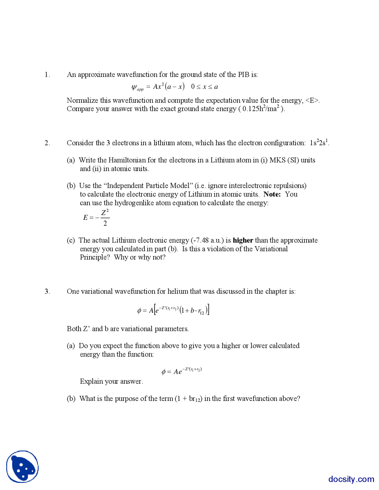 Helium Atom Advanced Physical Chemistry Homework Docsity