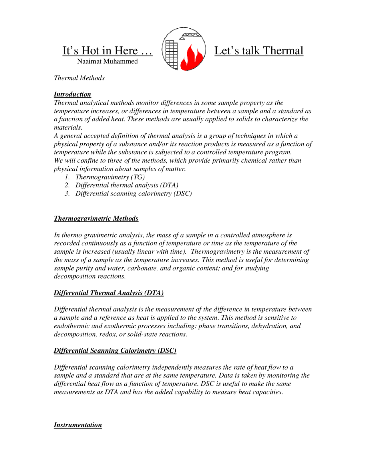 Thermal Methods Instrumental Chemistry Handout Docsity