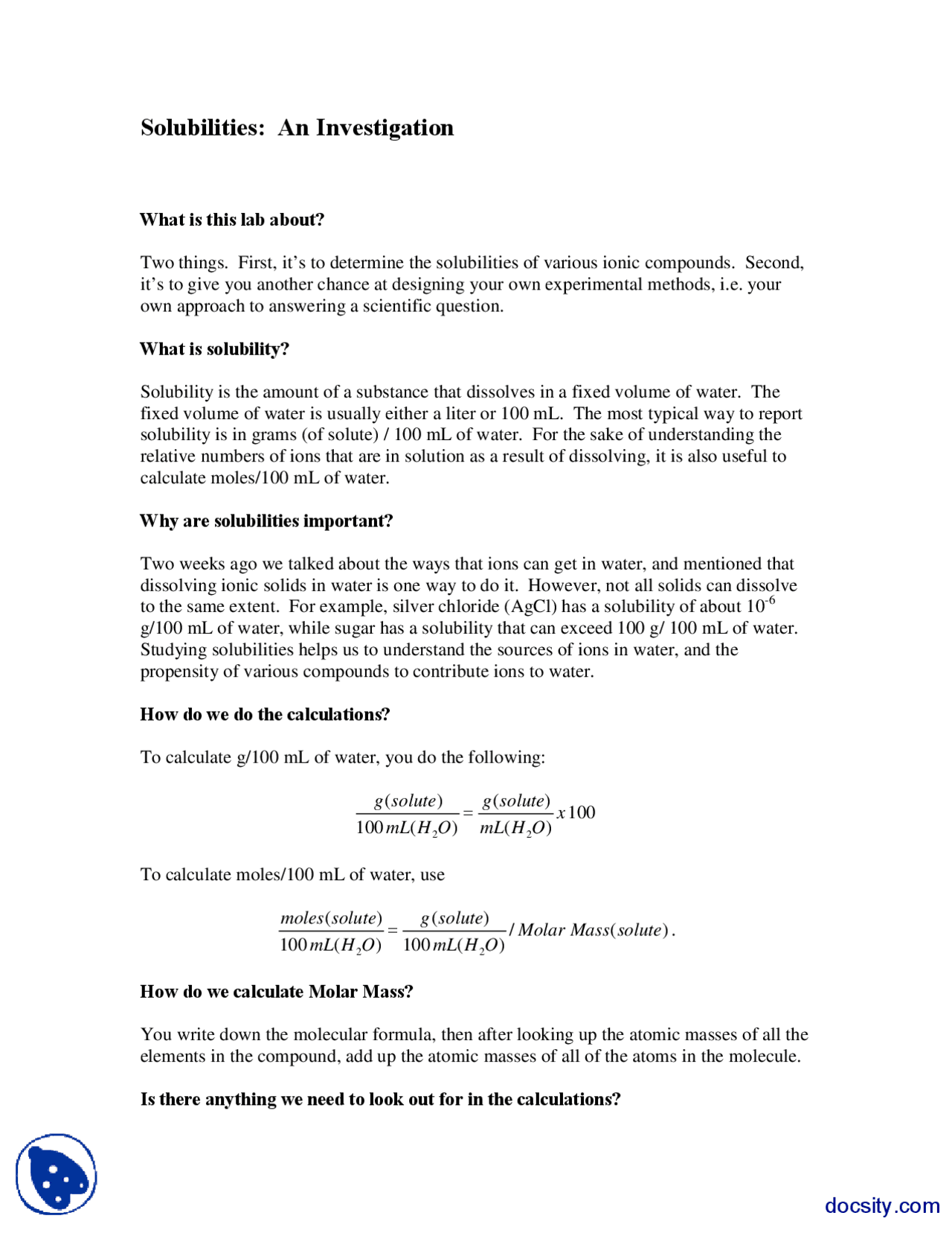 Solubilities Pollutants In The Environment Lab Manual Docsity