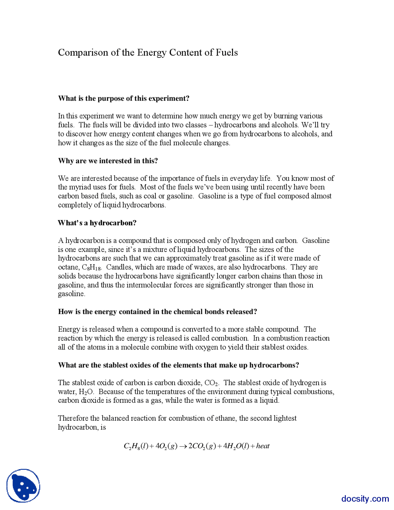 Energy Content Of Fuels Pollutants In The Environment Lab Manual