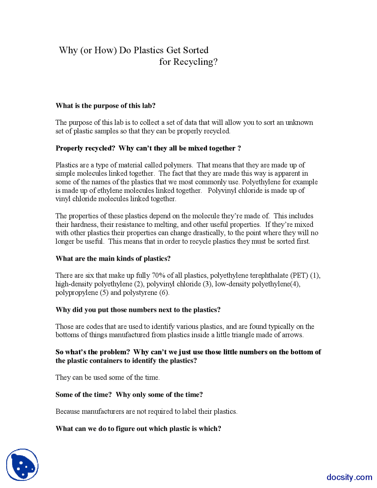 Plastics Pollutants In The Environment Lab Manual Docsity
