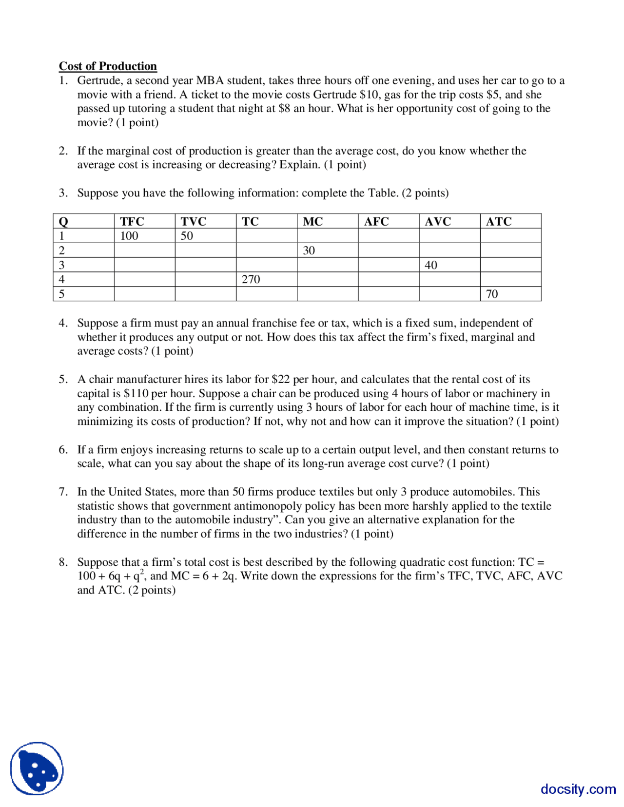 Cost of Production - Intermediate Microeconomics - Assignment - Docsity