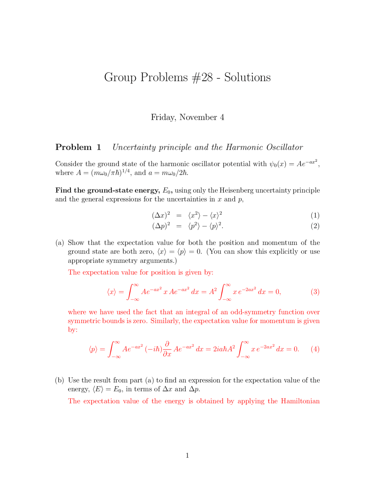 Uncertainty Principle - Introduction to Relativity and Quantum Mechanics - Problem Sets - Docsity