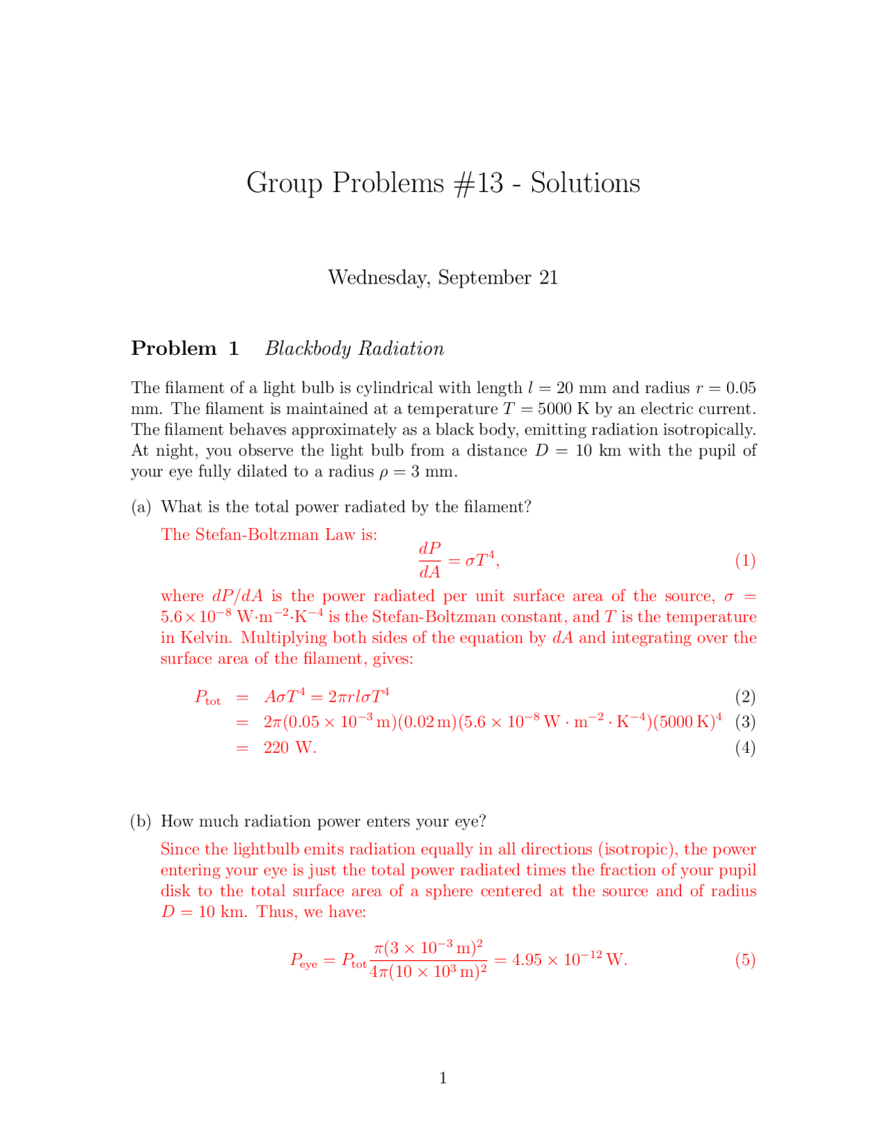 Blackbody Radiation - Introduction to Relativity and Quantum Mechanics - Problem Sets - Docsity