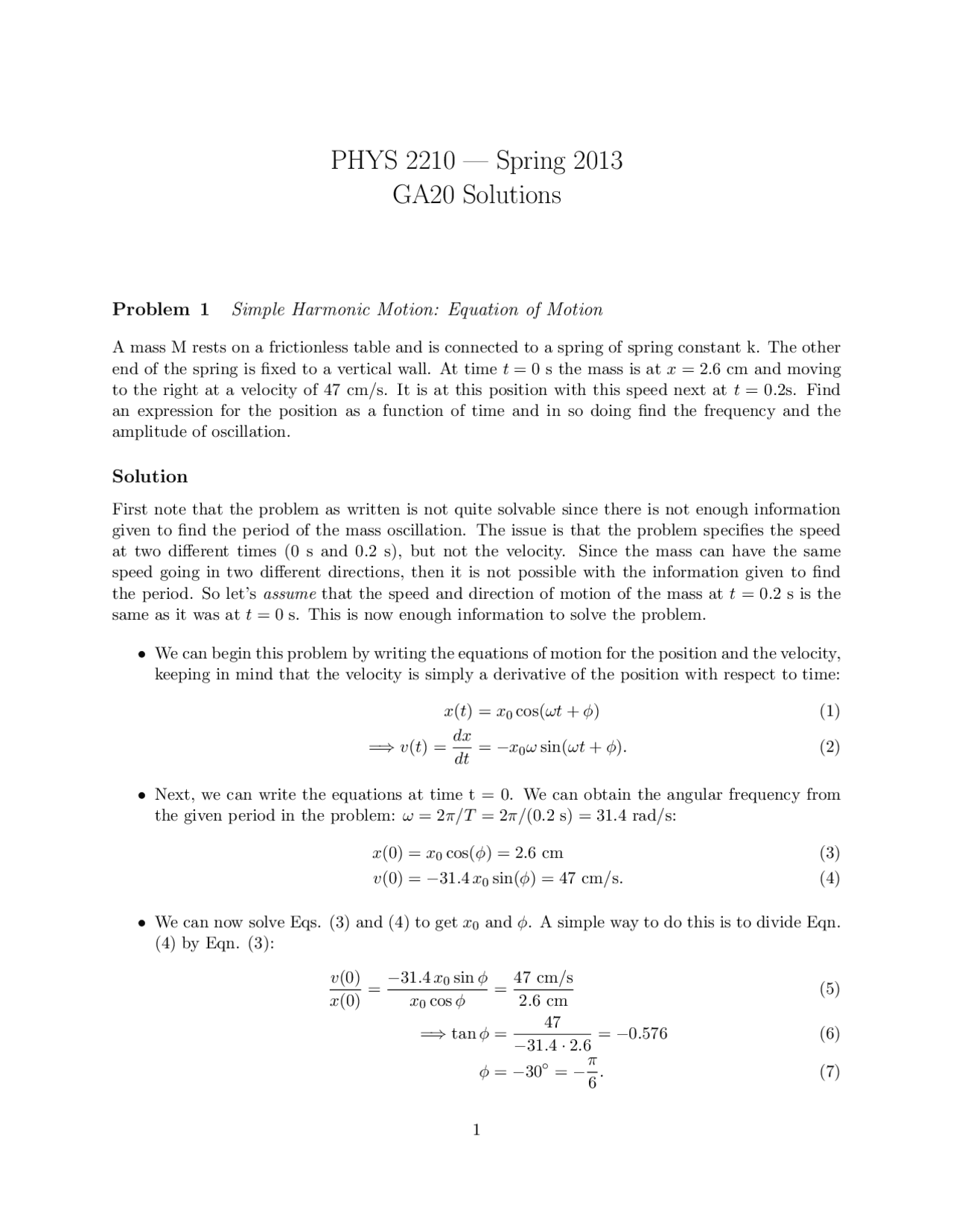 Solutions to Simple Harmonic Motion Problems in PHYS 2210 - Spring 2013 | Exercises Engineering ...