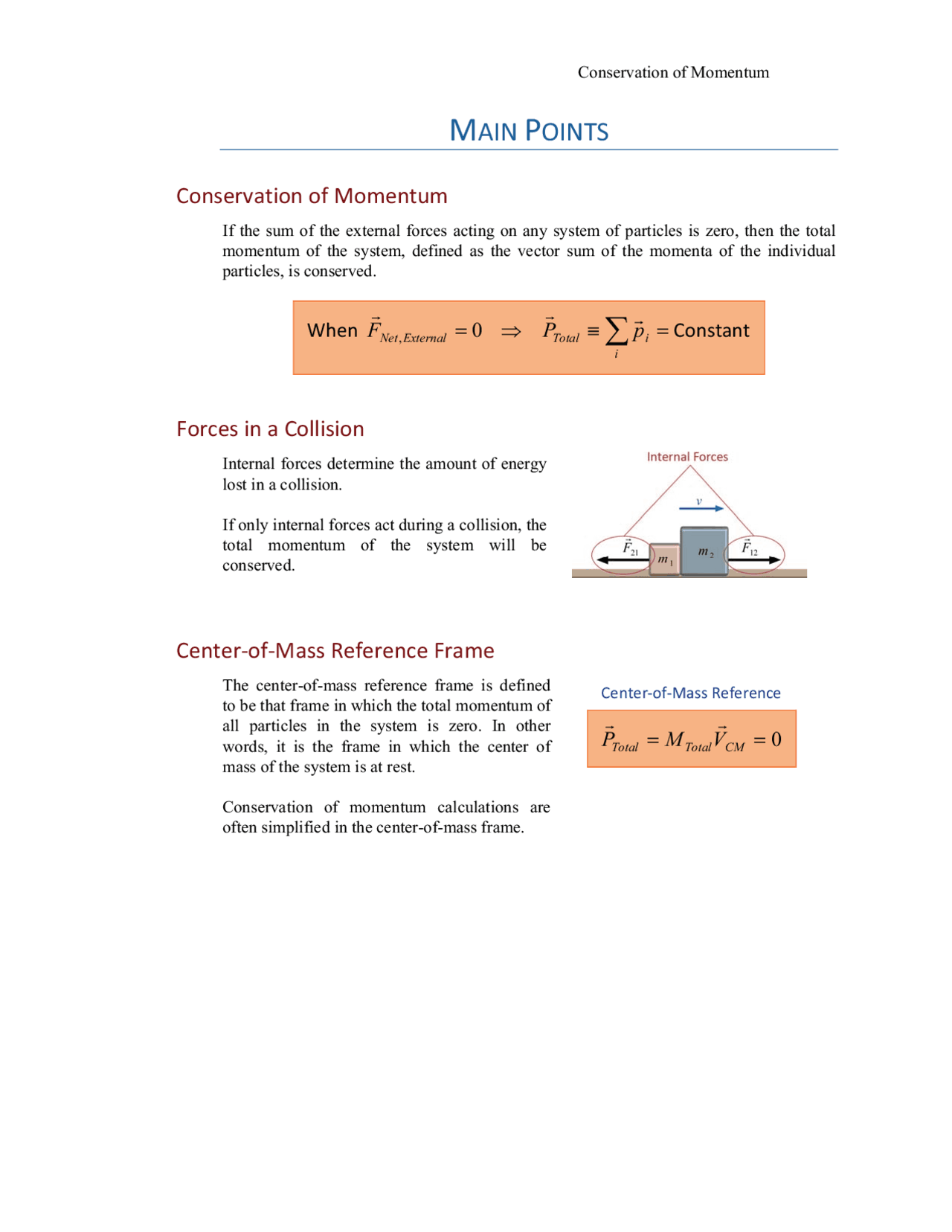 Conservation of Momentum - Physics for Scientists and Engineers I - Lecture Summary - Docsity