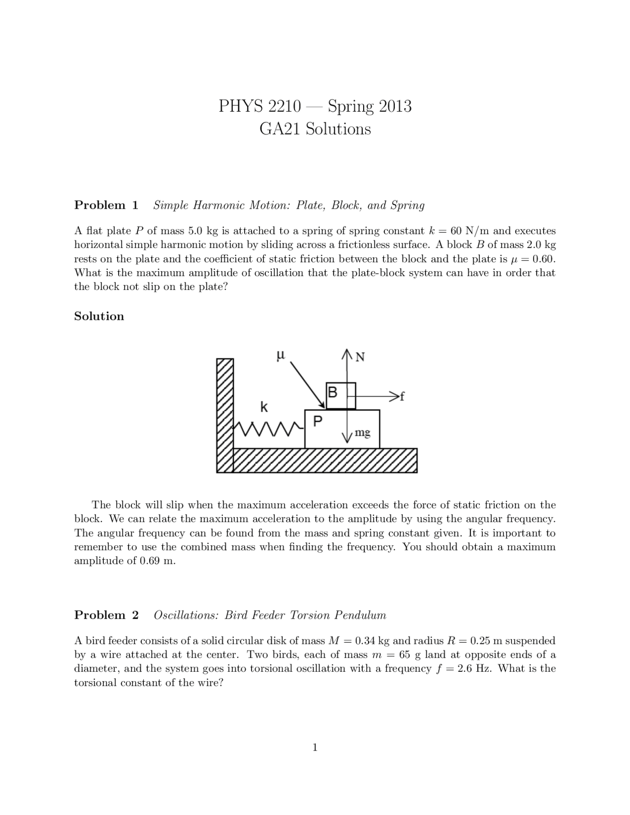 Simple Harmonic Motion - Physics for Scientists and Engineers I - Solved Problem Sets - Docsity