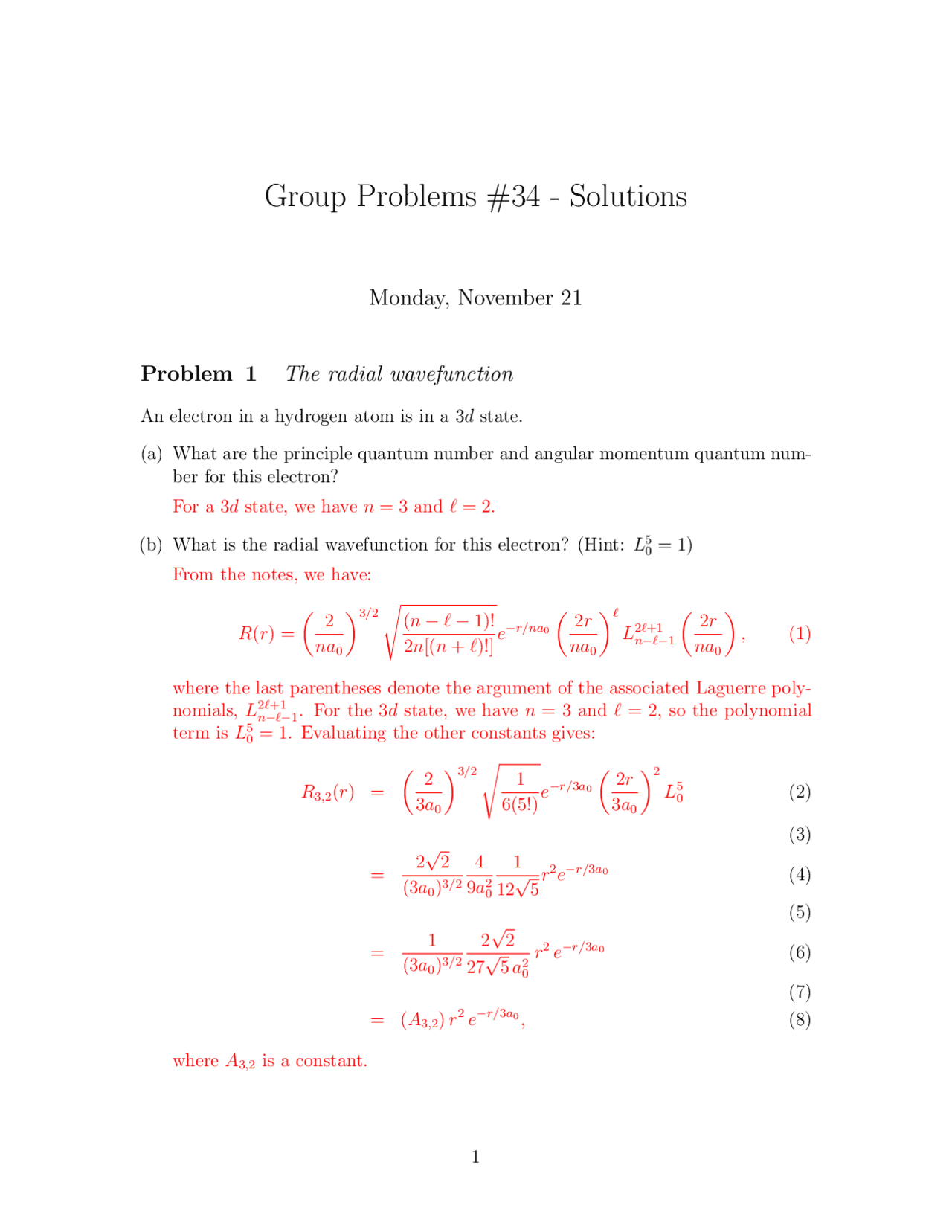 Radial Wavefunction - Introduction to Relativity and Quantum Mechanics - Problem Sets - Docsity