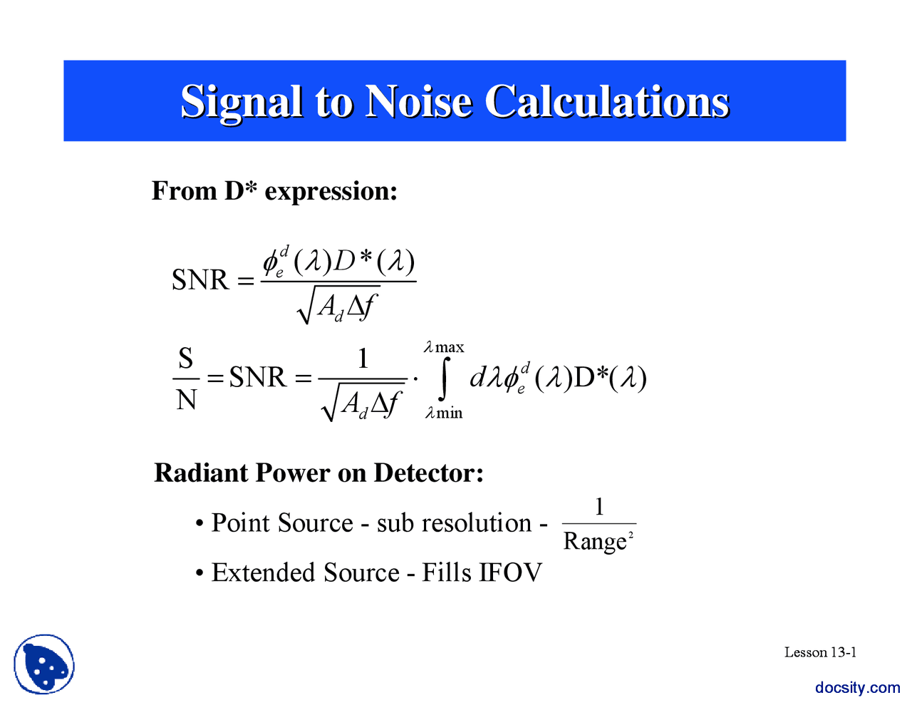 Signal To Noise Calculations Optical Detectors And Detector Systems Lecture Slides Docsity