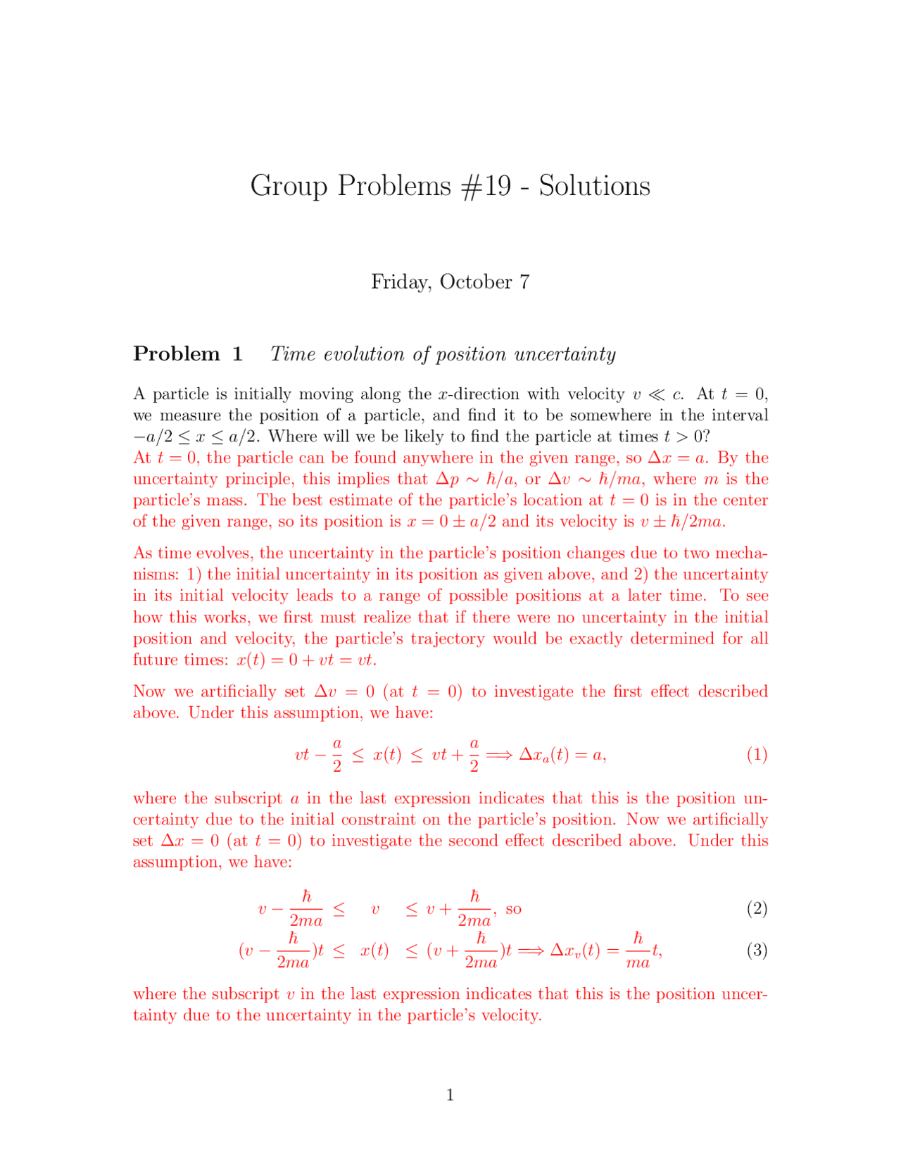 Time Evolution - Introduction to Relativity and Quantum Mechanics - Problem Sets - Docsity