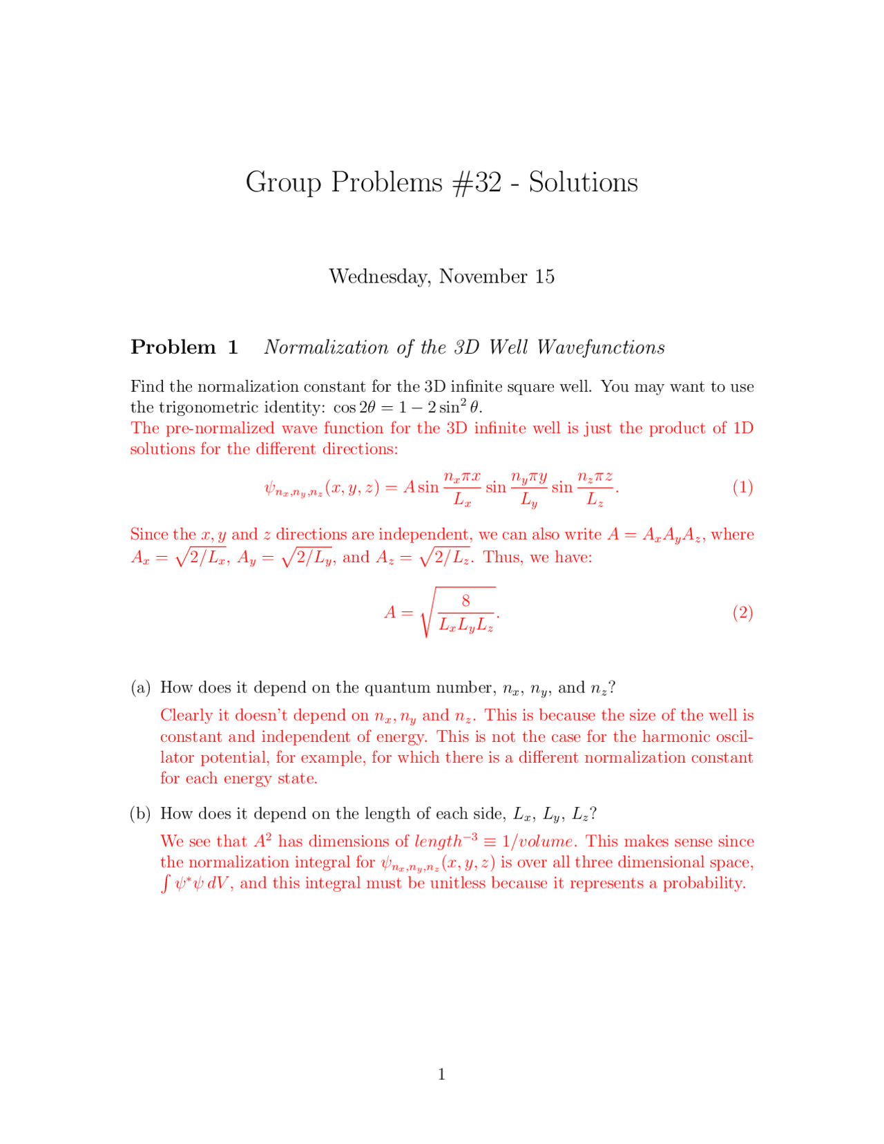 3D Well Wavefunctions - Introduction to Relativity and Quantum Mechanics - Problem Sets - Docsity