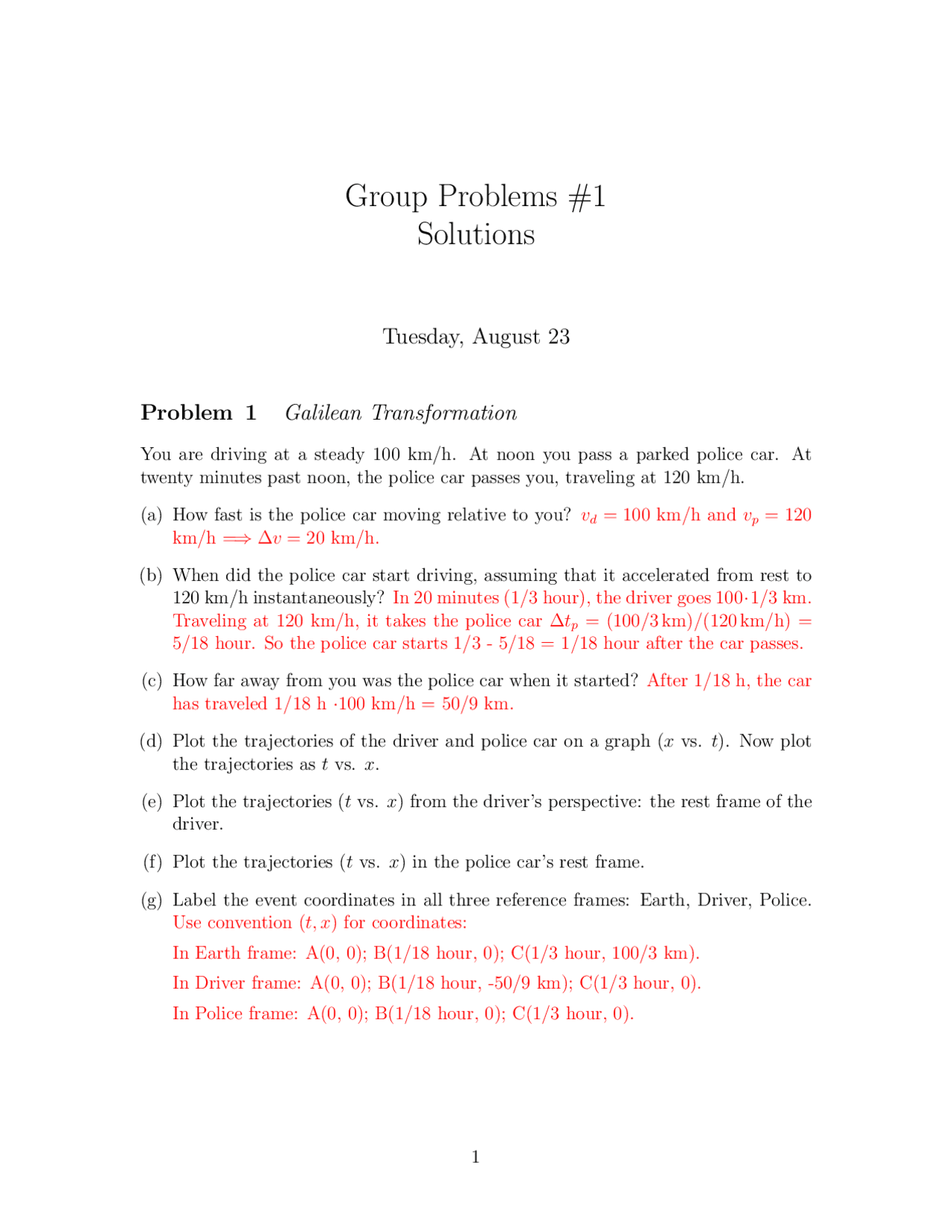 Galilean Transformation - Introduction to Relativity and Quantum Mechanics - Problem Sets - Docsity