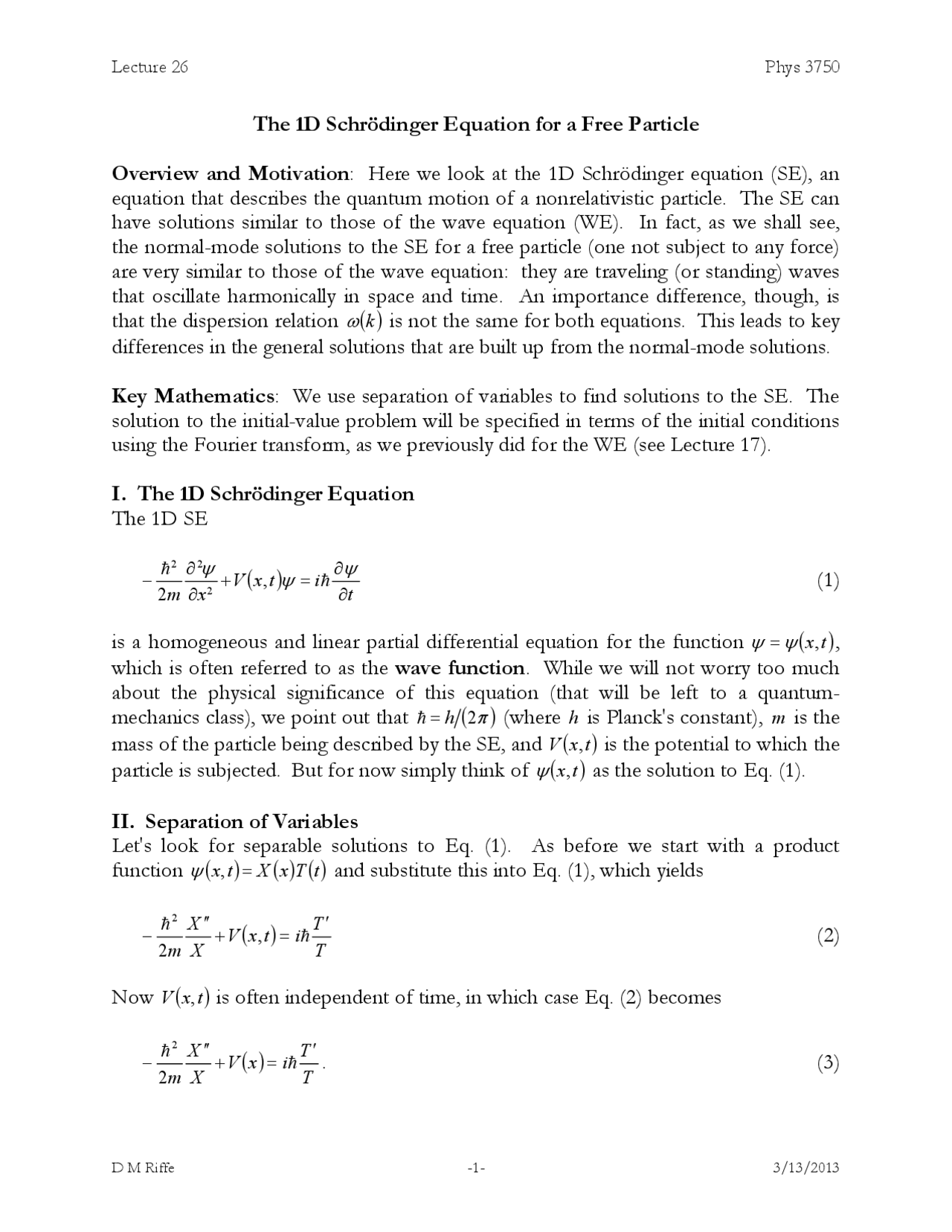 1d Schrödinger Equation Wave Phenomena Lecture Slides Docsity