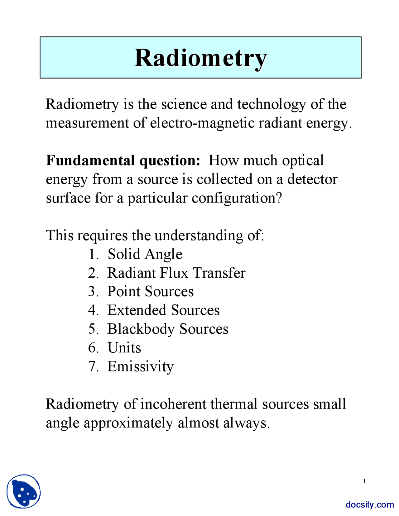 Radiometry Optical Detectors And Detector Systems Lecture Slides