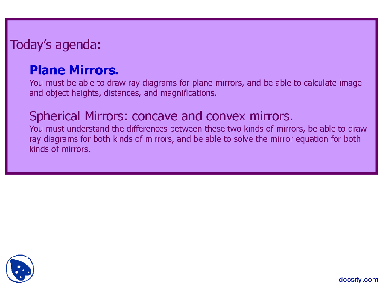 Plane Mirrors Engineering Physics Lecture Slides Docsity