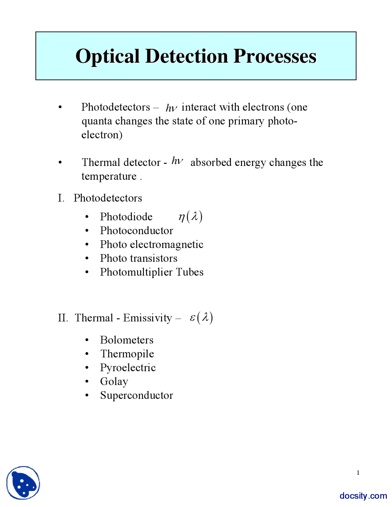 Optical Detection Processes Optical Detectors And Detector Systems