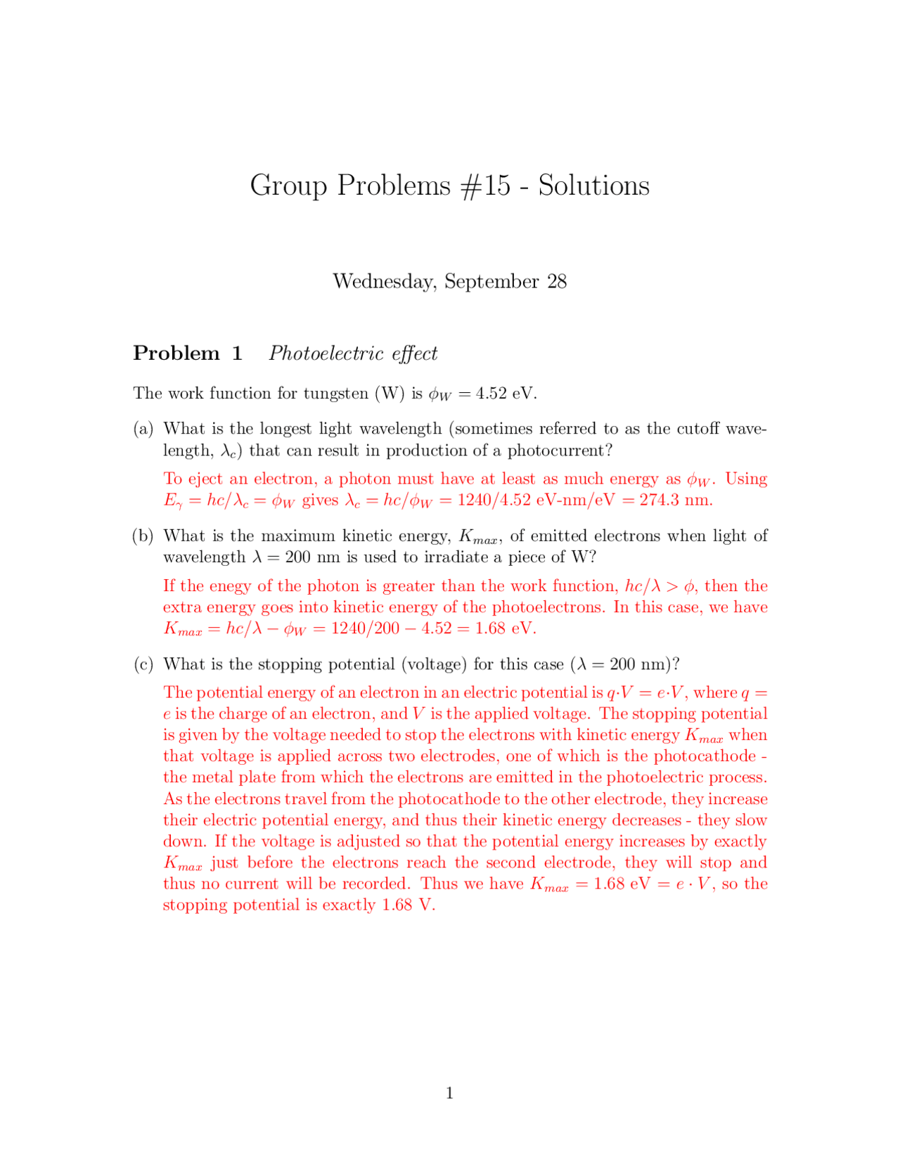 Photoelectric Effect - Introduction to Relativity and Quantum Mechanics - Problem Sets - Docsity