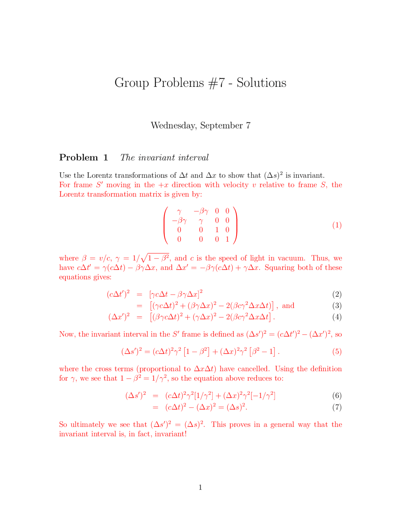 The Invariant Interval - Introduction to Relativity and Quantum Mechanics - Problem Sets - Docsity