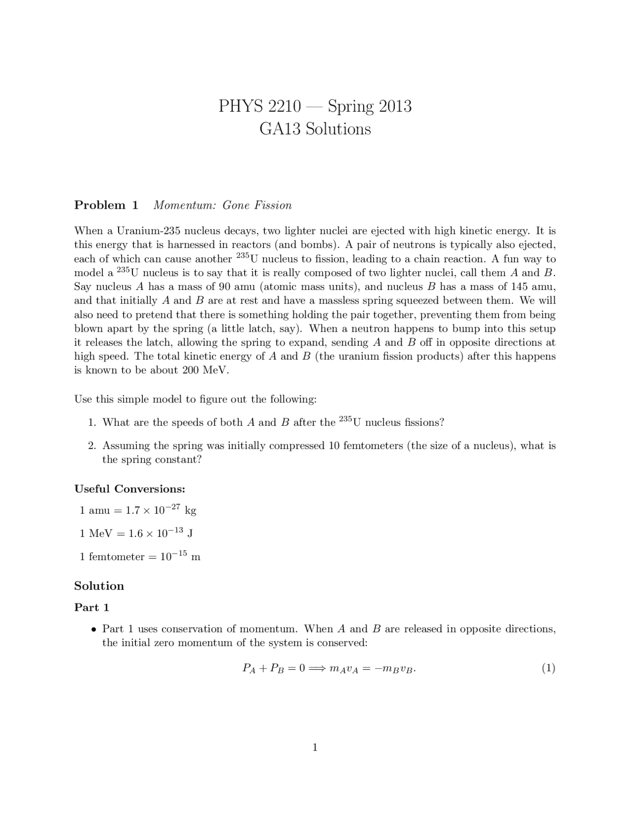 Momentum, Fission - Physics for Scientists and Engineers I - Solved Problem Sets - Docsity